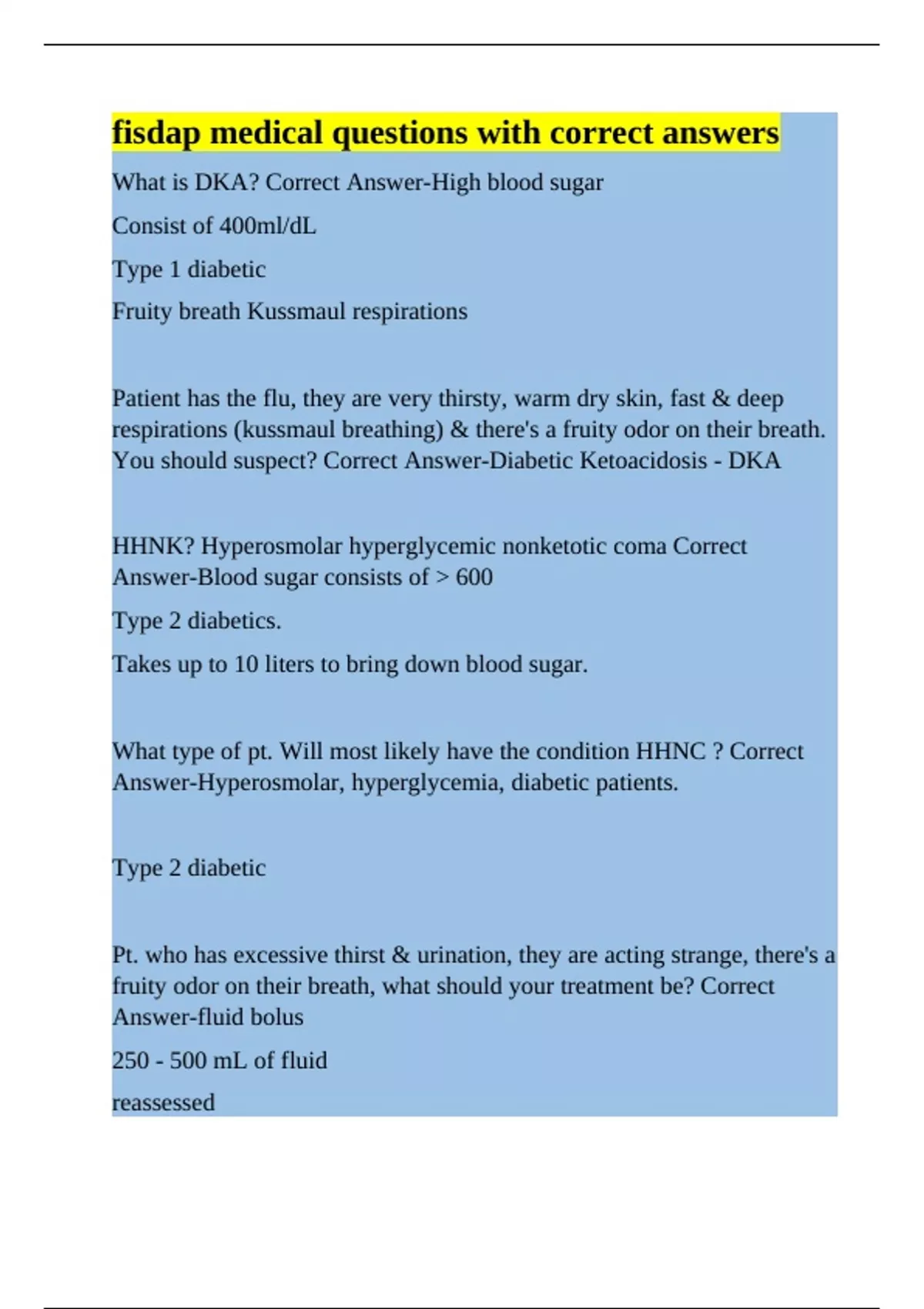 fisdap medical questions with correct answers - FISDAP - Stuvia US