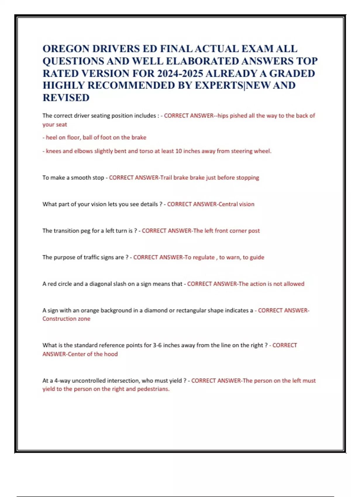 OREGON DRIVERS ED FINAL ACTUAL EXAM ALL QUESTIONS AND WELL ELABORATED ...