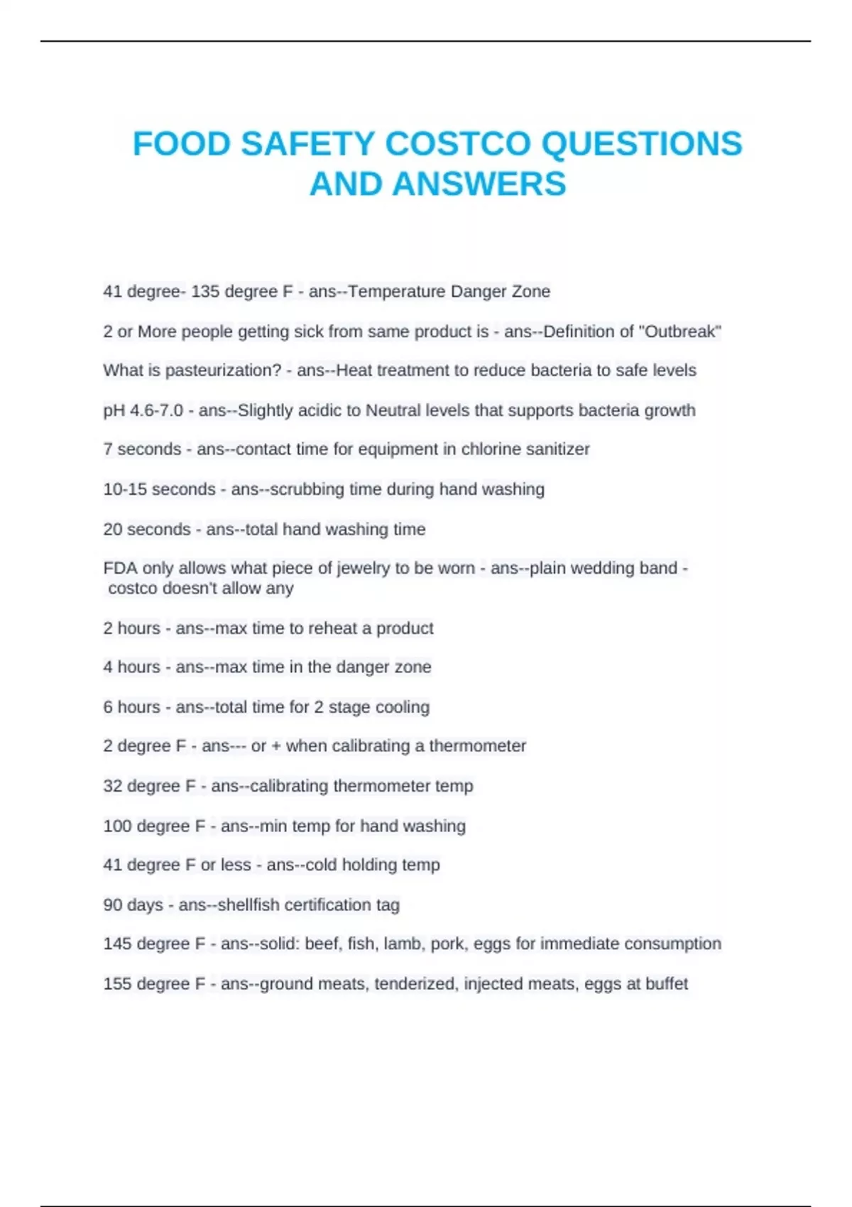 FOOD SAFETY COSTCO QUESTIONS AND ANSWERS - Costco Food Safety - Stuvia US