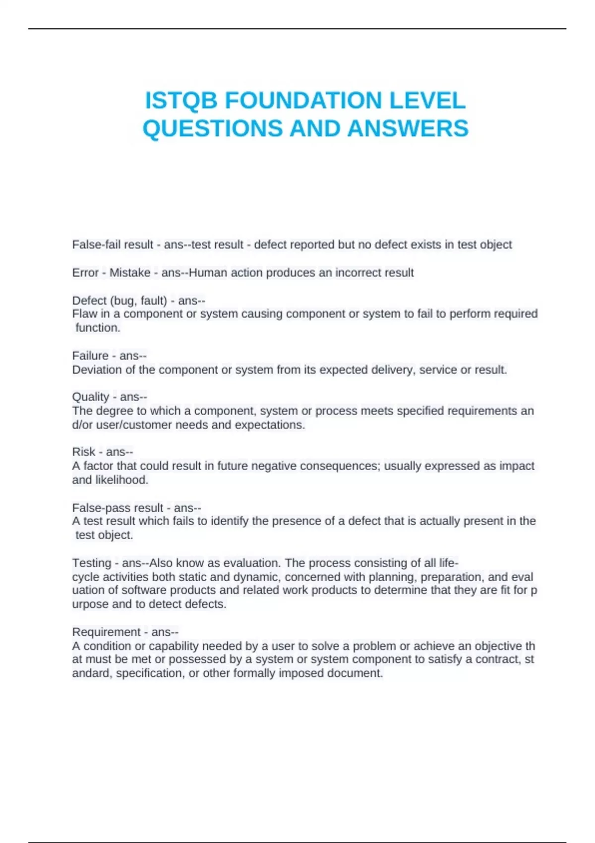 Istqb Foundation Level Questions And Answers Istqb Foundation Level Stuvia Us