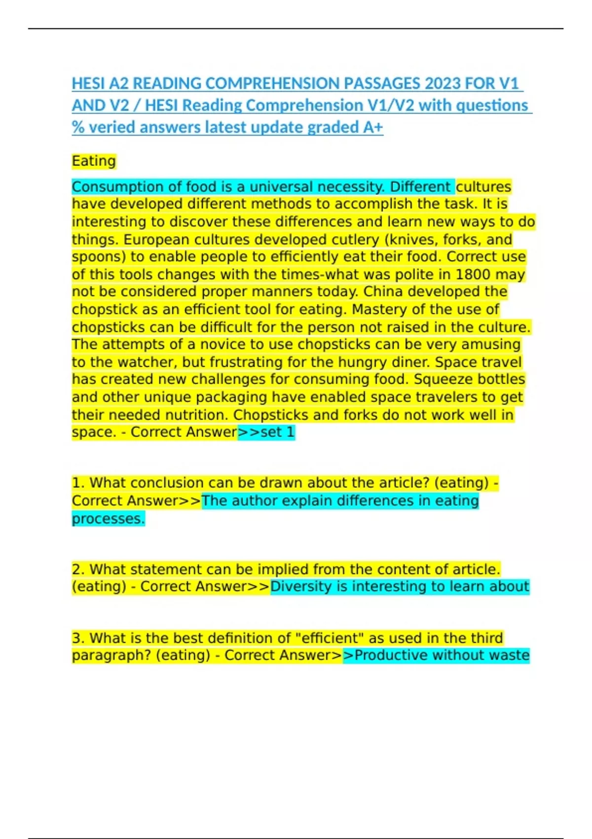 HESI A2 READING COMPREHENSION PASSAGES 2023 FOR V1 AND V2 / HESI ...