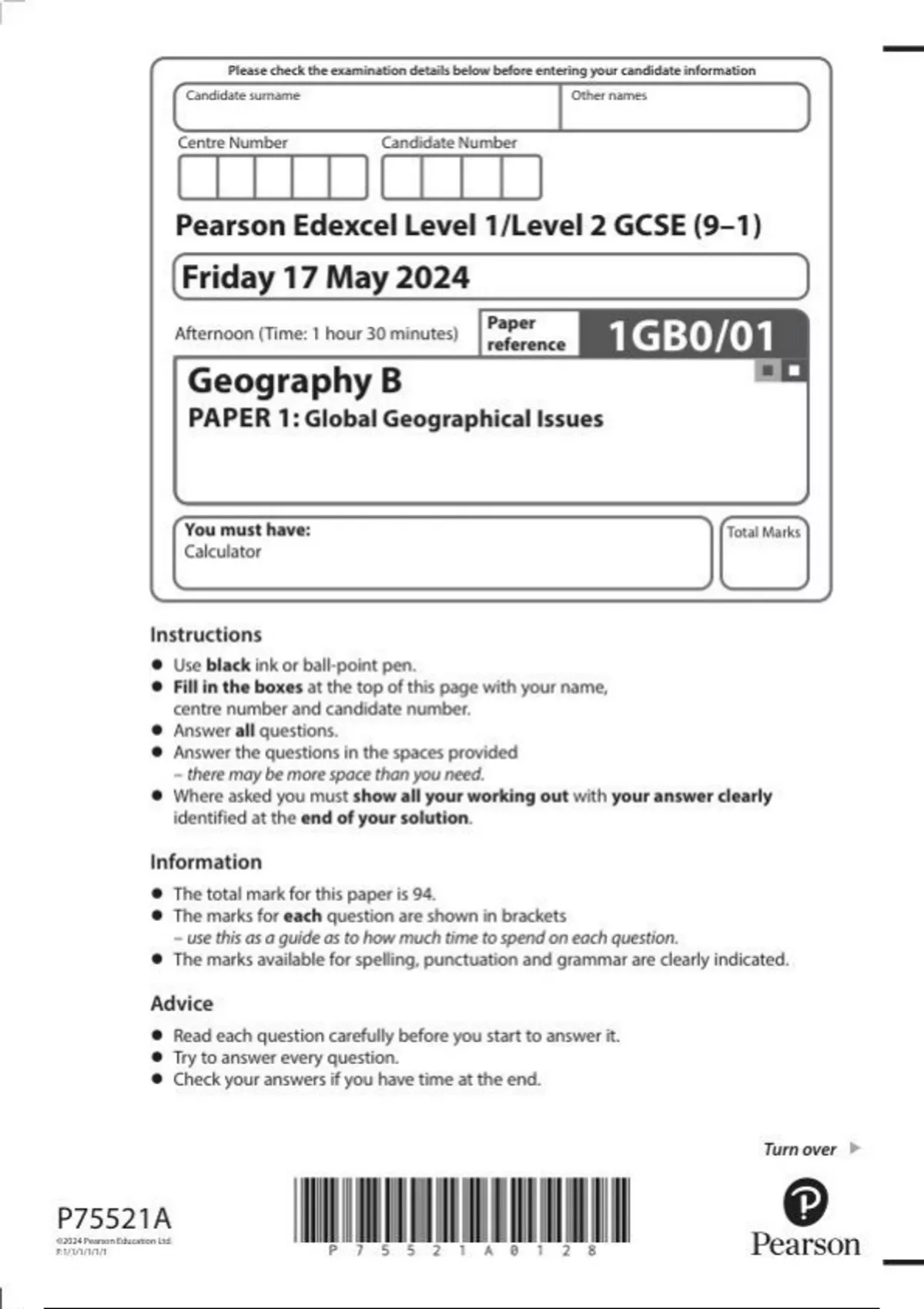 Pearson Edexcel Level 1/Level 2 GCSE (9–1) Geography B PAPER 1: Global ...