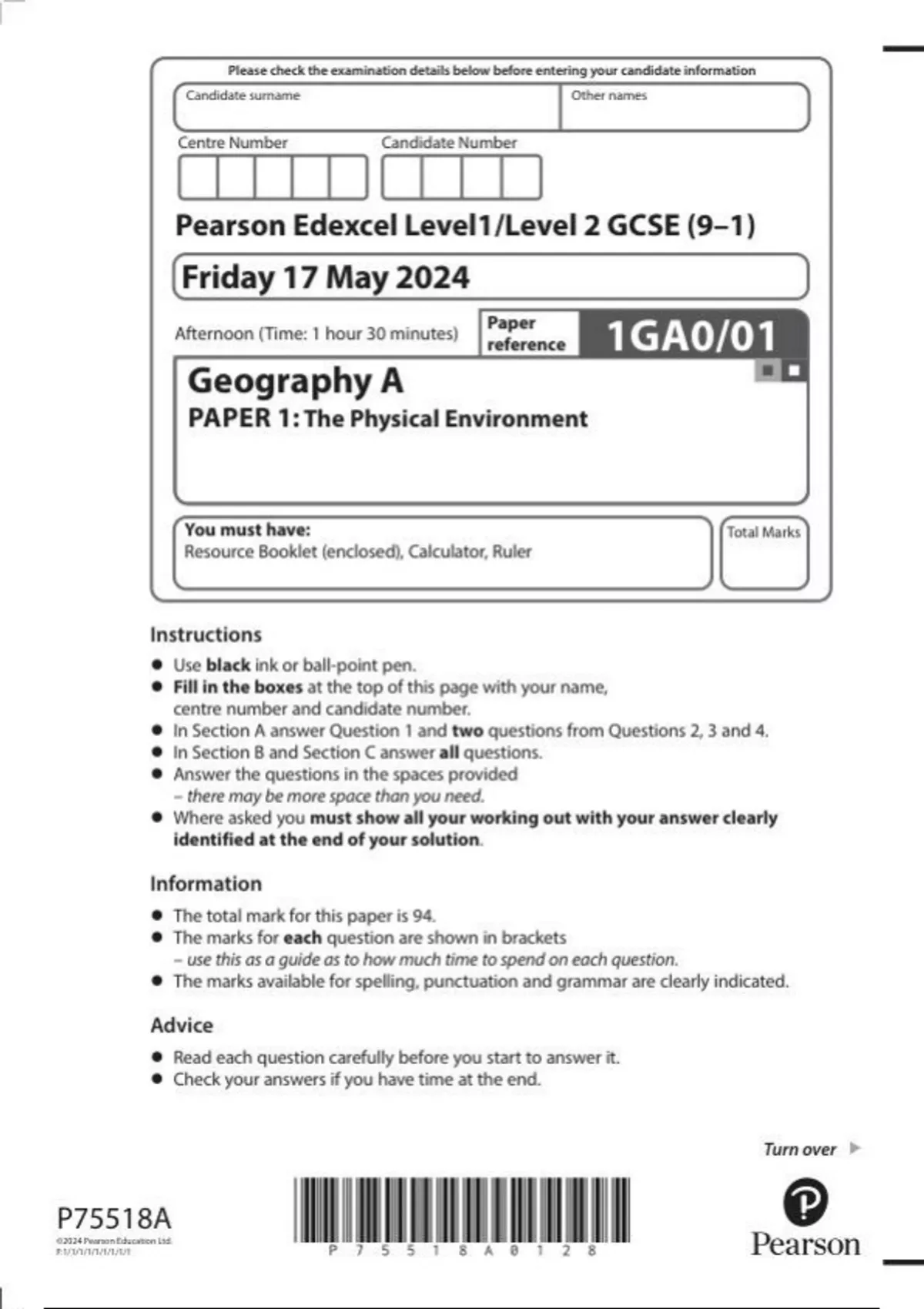 Pearson Edexcel Level1/Level 2 GCSE (9–1) Geography A PAPER 1: The ...