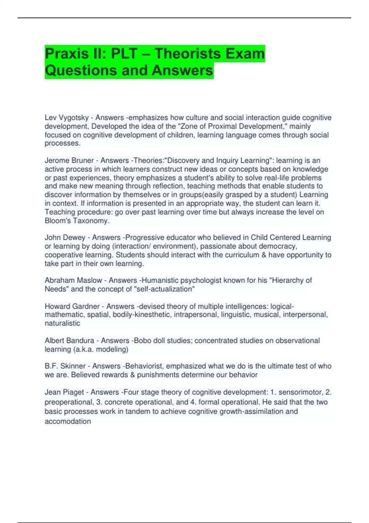 Praxis II PLT – Theorists Exam Questions and Answers - PRAXIS PLT ...