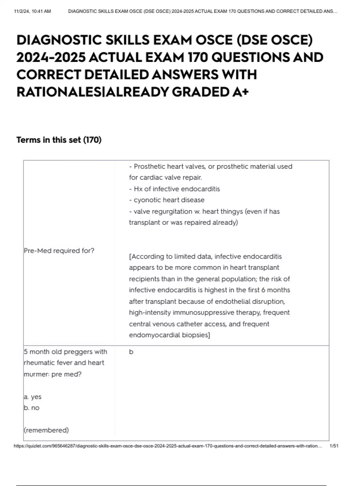 DIAGNOSTIC SKILLS EXAM OSCE (DSE OSCE) ACTUAL EXAM 170 QUESTIONS AND ...