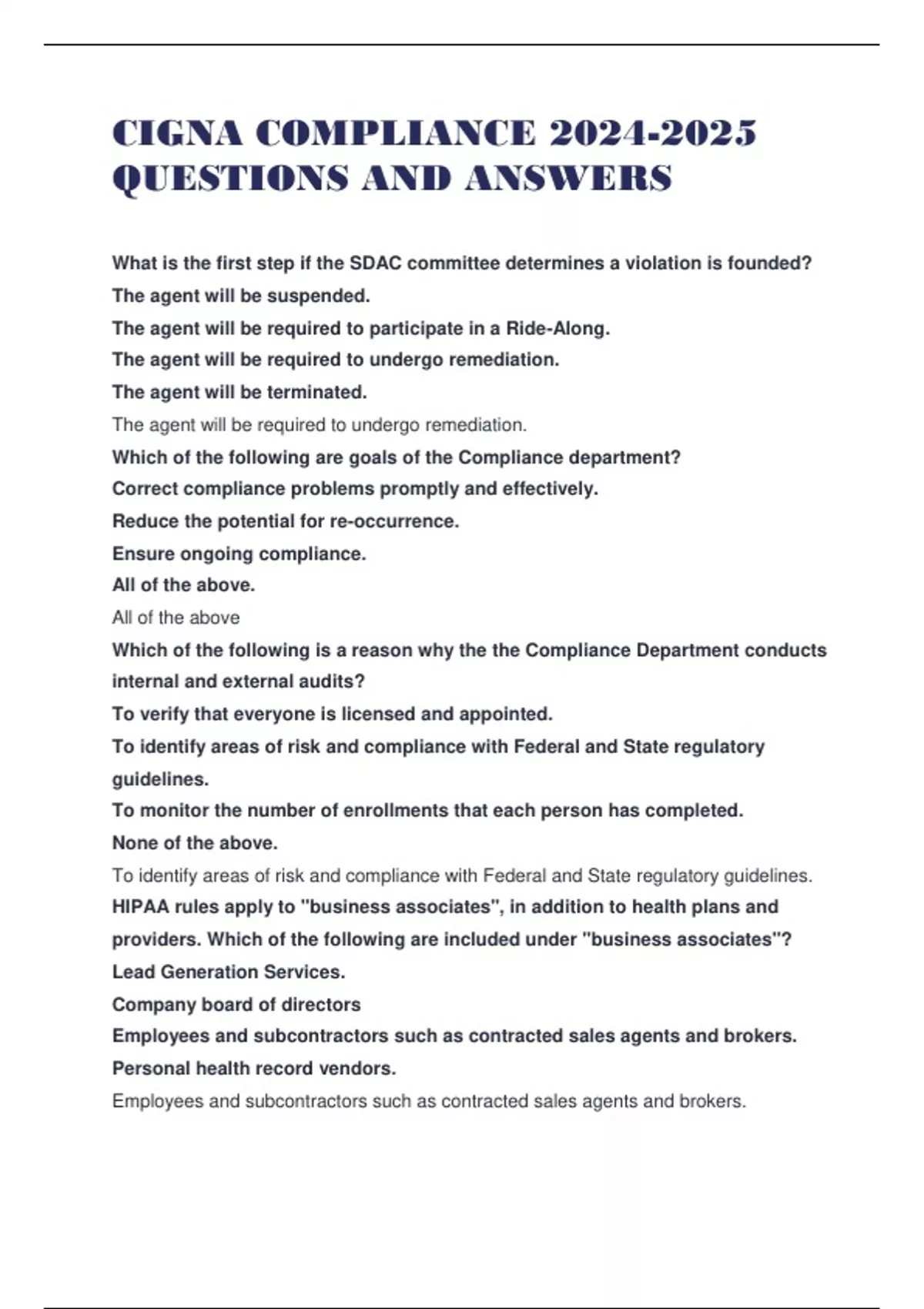 CIGNA COMPLIANCE QUESTIONS AND ANSWERS - CIGNA COMPLIANCE - Stuvia US