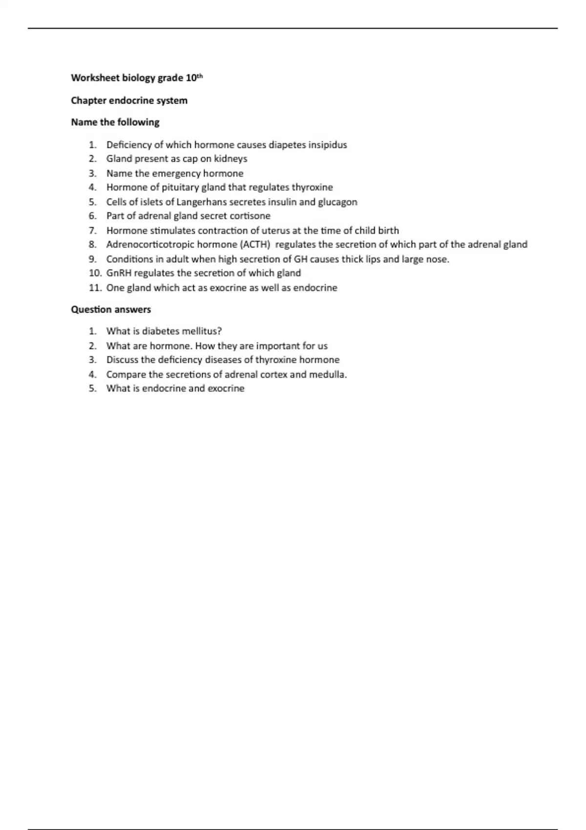Biology – Class 10 – Worksheet – Endocrine System - Biology - Stuvia US