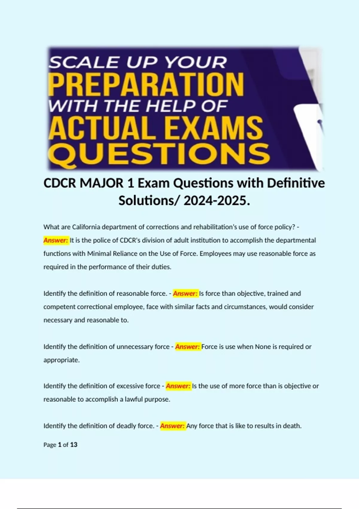 CDCR MAJOR 1 Exam Questions with Definitive Solutions/ . - CDCR MAJOR 1 ...