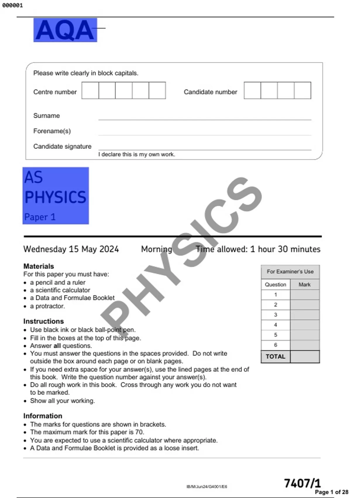 AQA-7407-1-PHYSICS QUESTION PAPER 1-AS LEVEL-15May24-AM - AQA PHYSICS ...