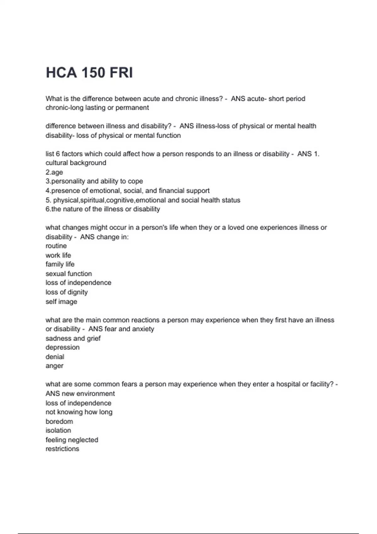 HCA 150 FRI EXAM QUESTIONS WITH CORRECT ANSWERS 2024/2025(A+ GRADED 100 ...