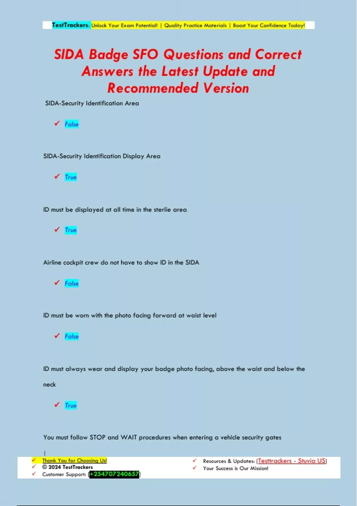 SIDA Badge SFO Questions and Correct Answers the Latest Update and ...