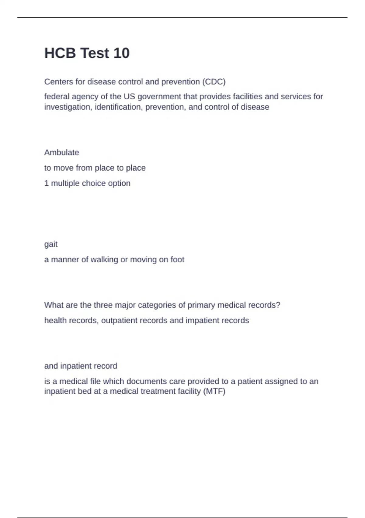 HCB Test 10 Questions with complete solution - HCB 103 - Stuvia US