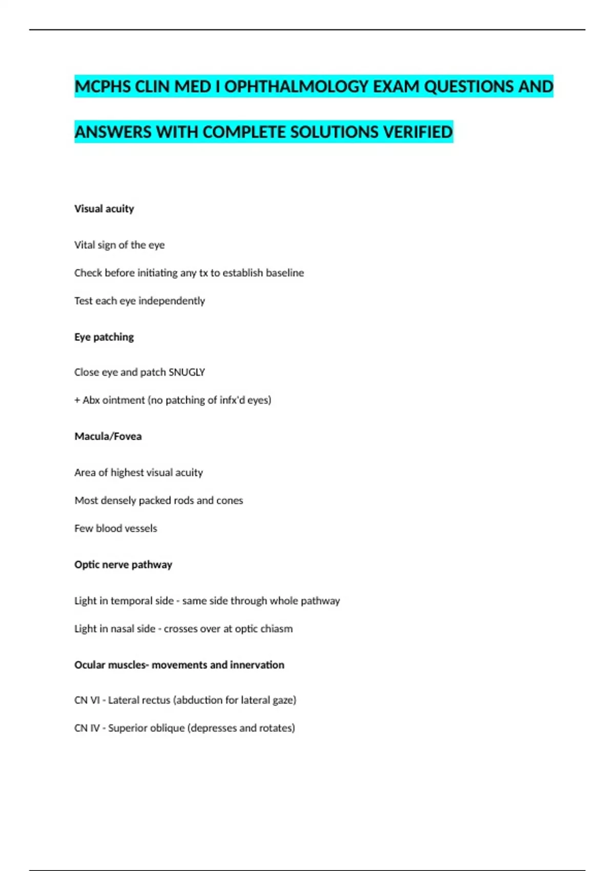 MCPHS CLIN MED I OPHTHALMOLOGY EXAM QUESTIONS AND ANSWERS WITH COMPLETE ...