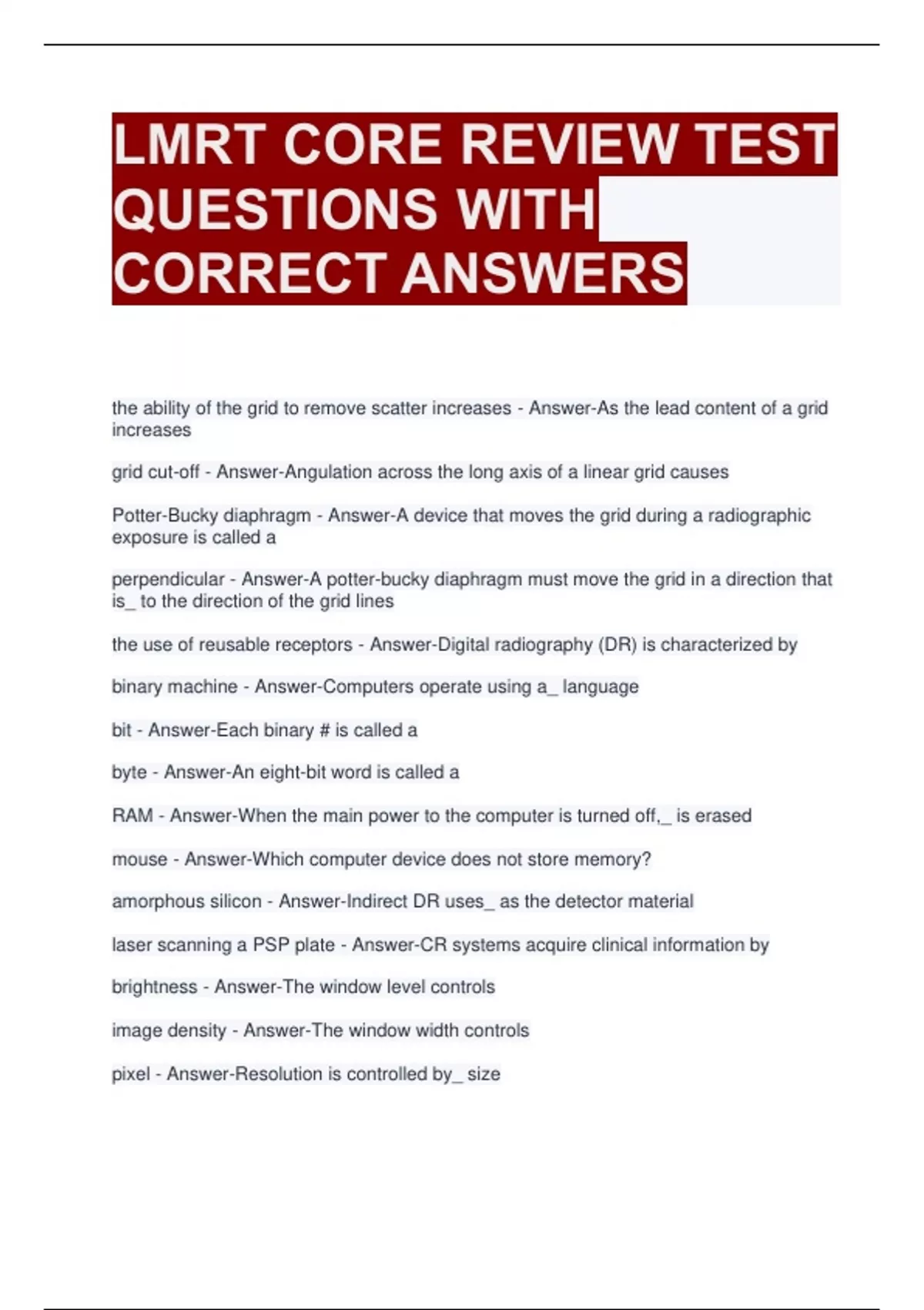 LMRT CORE REVIEW TEST QUESTIONS WITH CORRECT ANSWERS - LMRT CORE ...