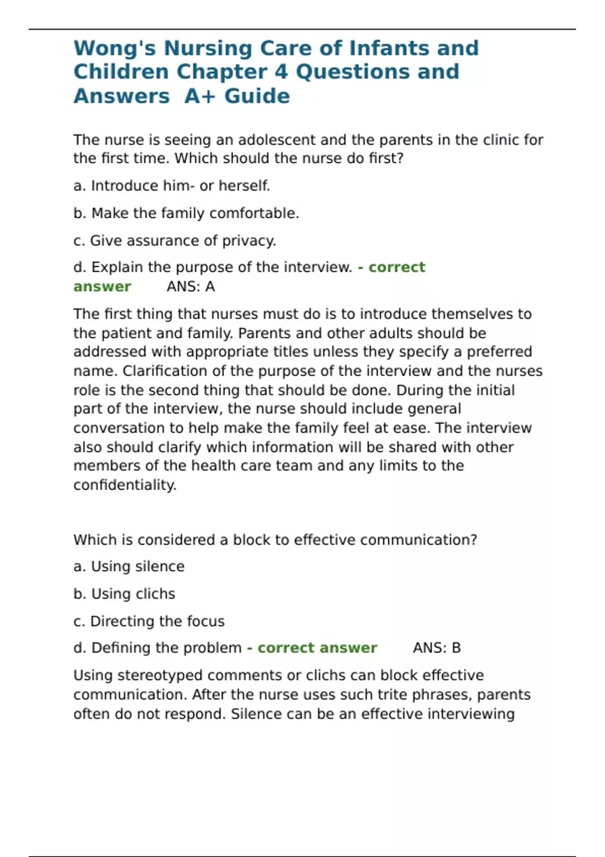 Wong's Nursing Care of Infants and Children Chapter 4 Questions and ...