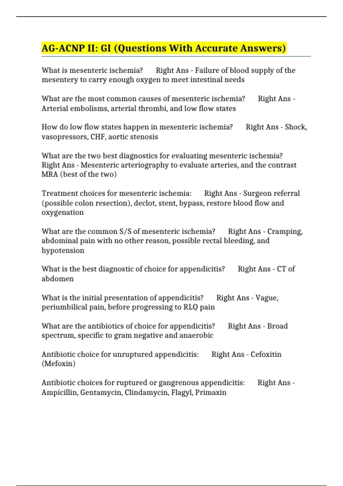 AG-ACNP II: GI (Questions With Accurate Answers) - ACNP - Stuvia US