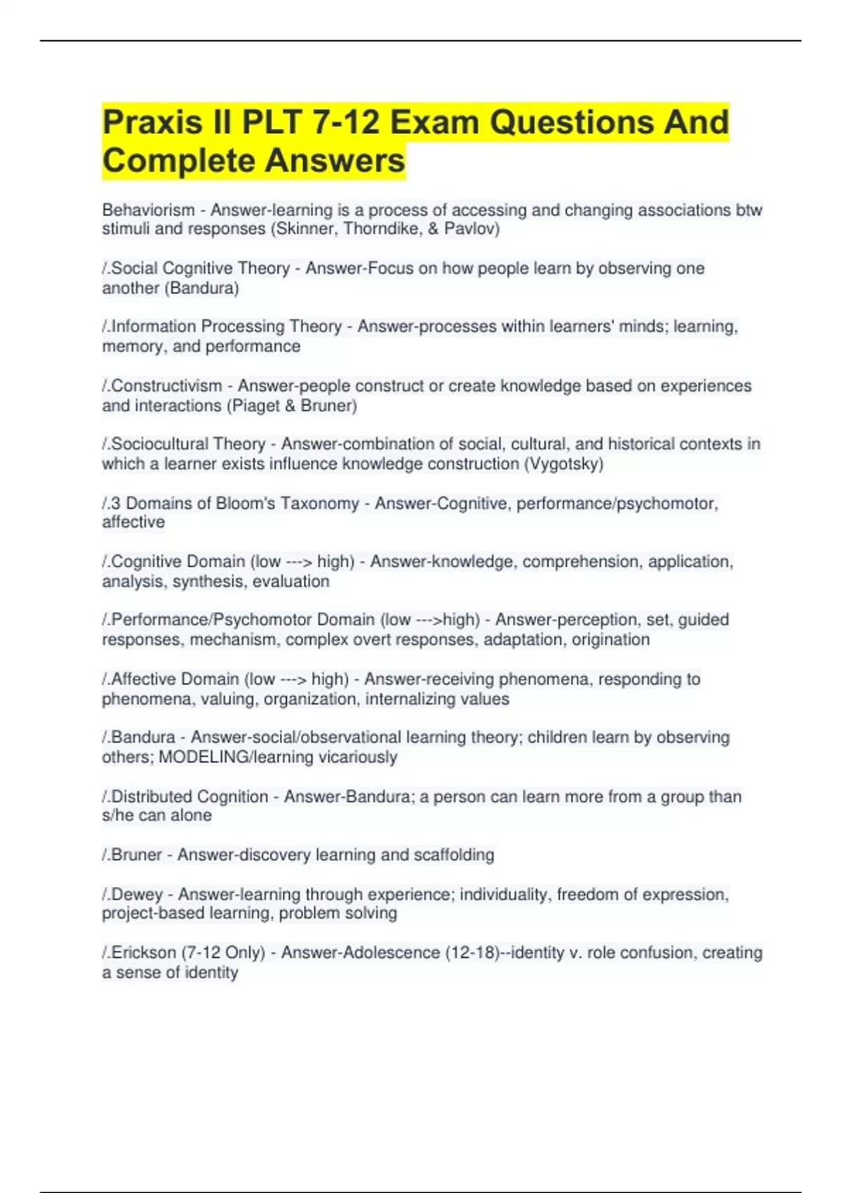 Praxis II PLT 7-12 Exam Questions And Complete Answers - Praxis II PLT 7-12 - Stuvia US