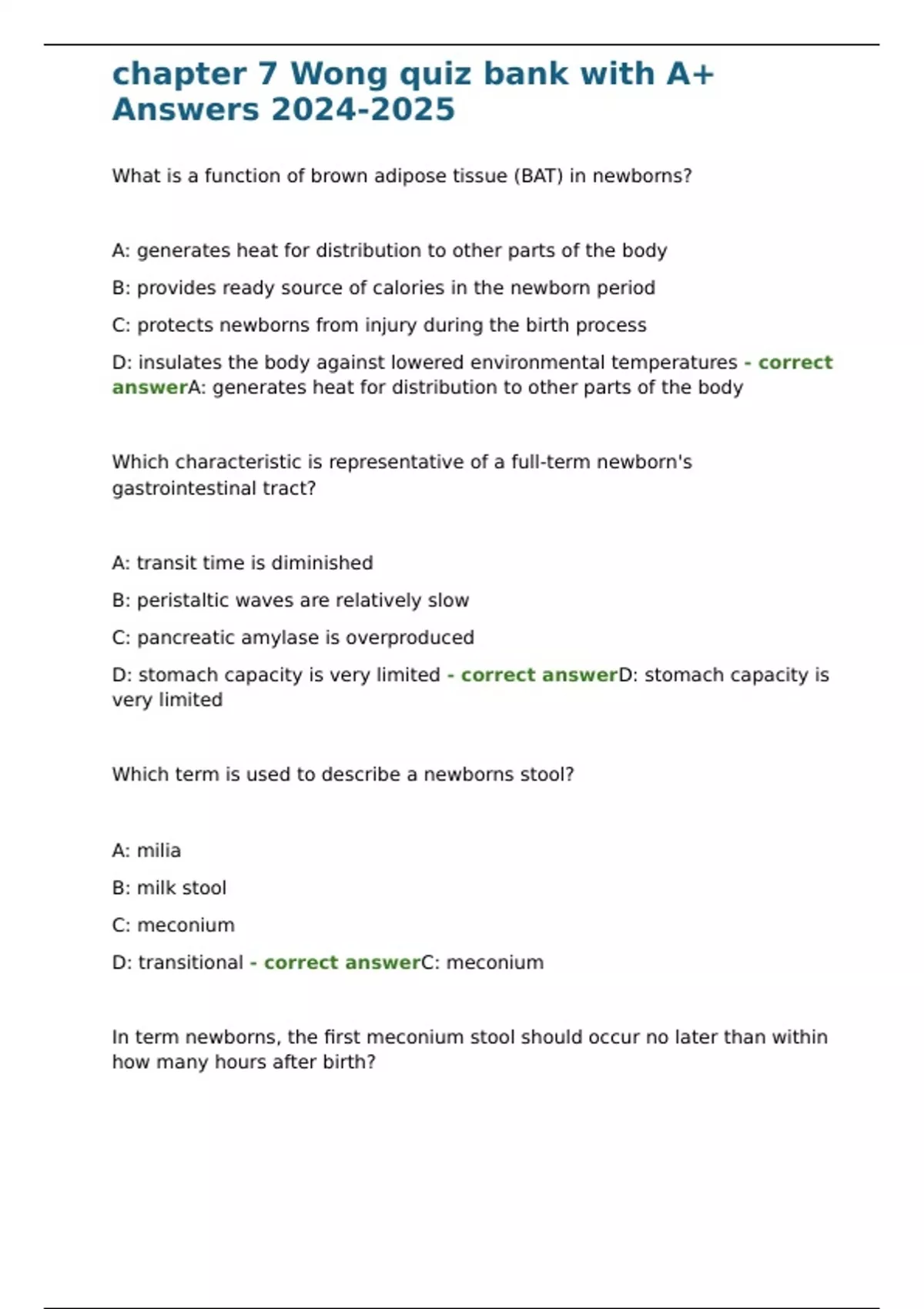 chapter 7 Wong quiz bank with A+ Answers - Chapter 7 Wong - Stuvia US