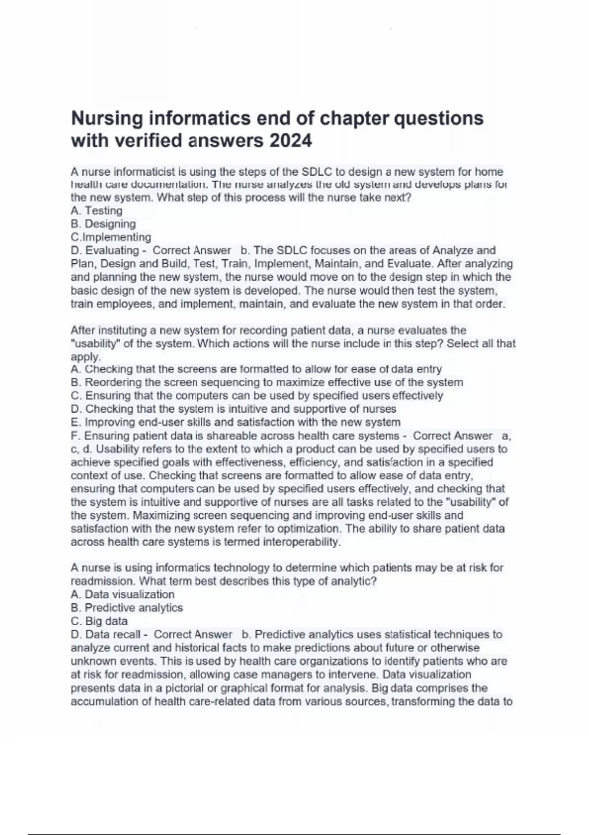 Nursing informatics end of chapter questions with verified answers 2024 ...
