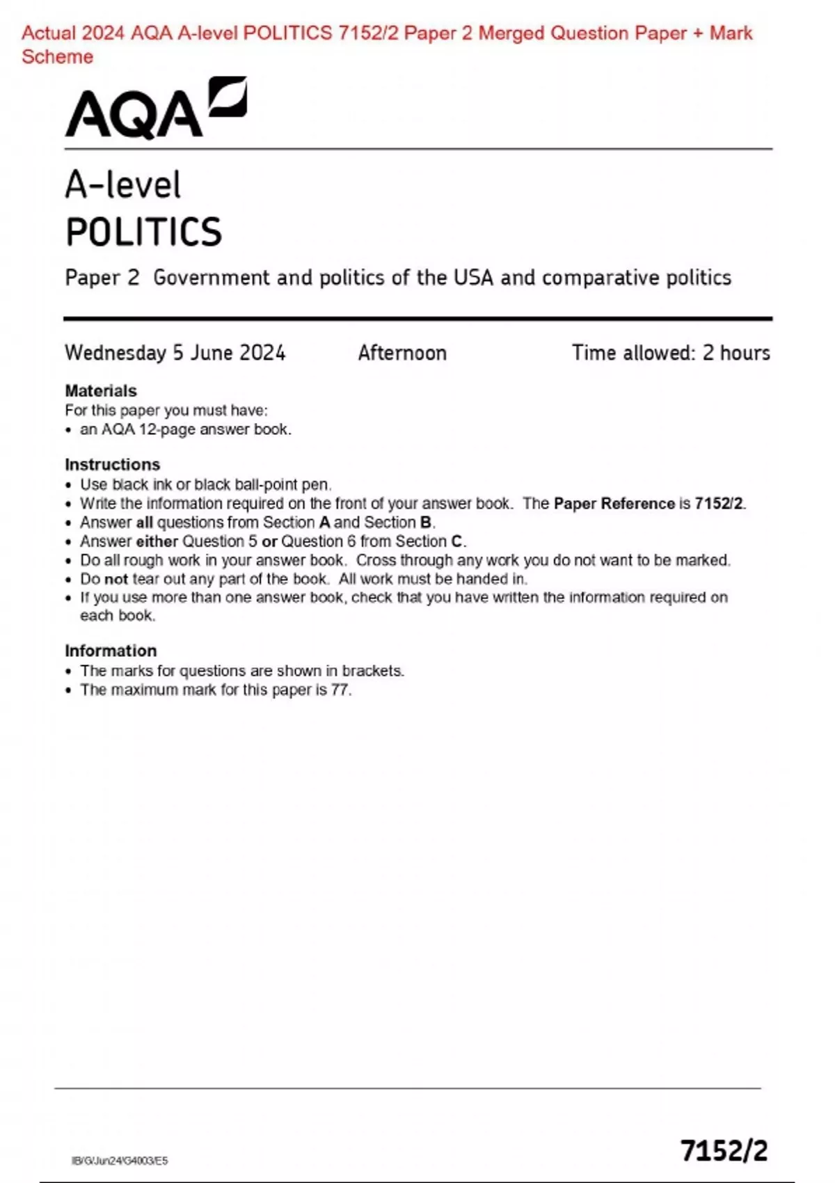 Actual 2024 AQA A-level POLITICS 7152/2 Paper 2 Government and politics ...