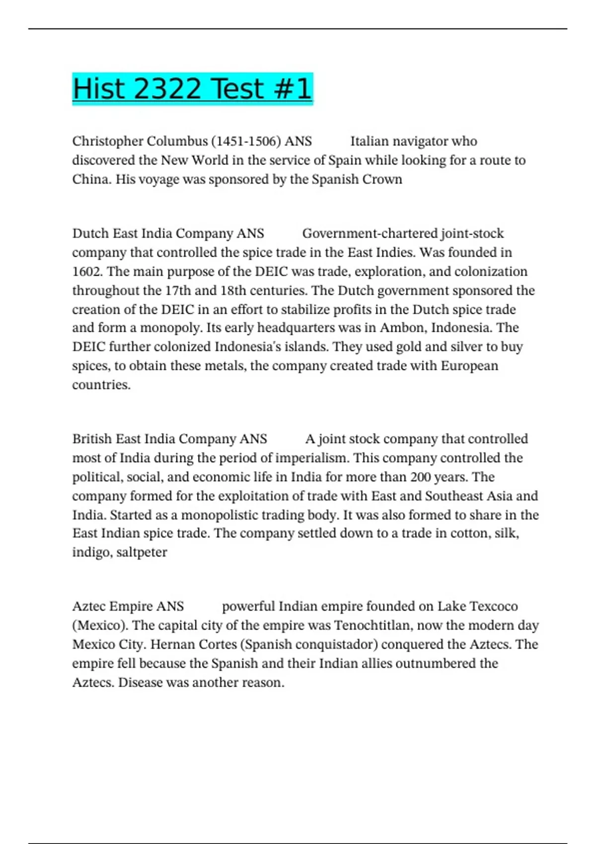 Hist 2322 Test -1 Correct answers latest update - HIST 2322 - Stuvia US