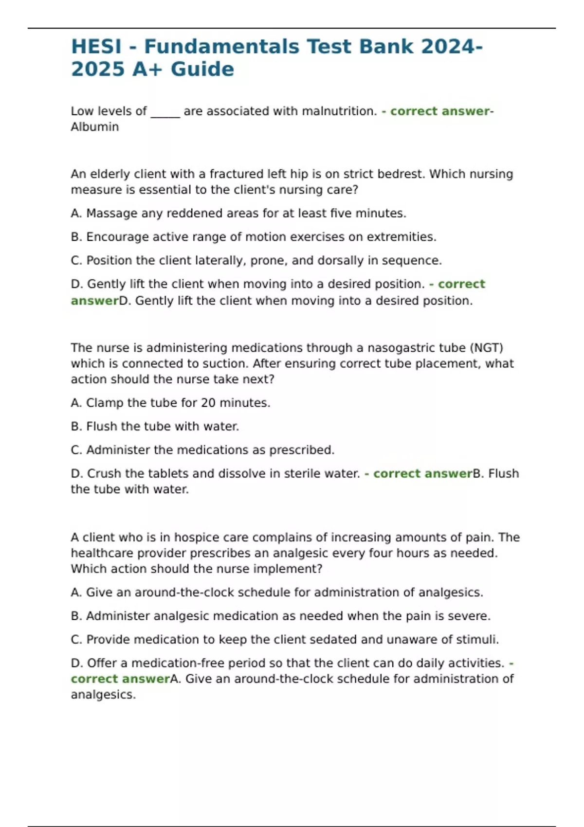 HESI - Fundamentals Test Bank A+ Guide - HESI - Fundamentals - Stuvia US