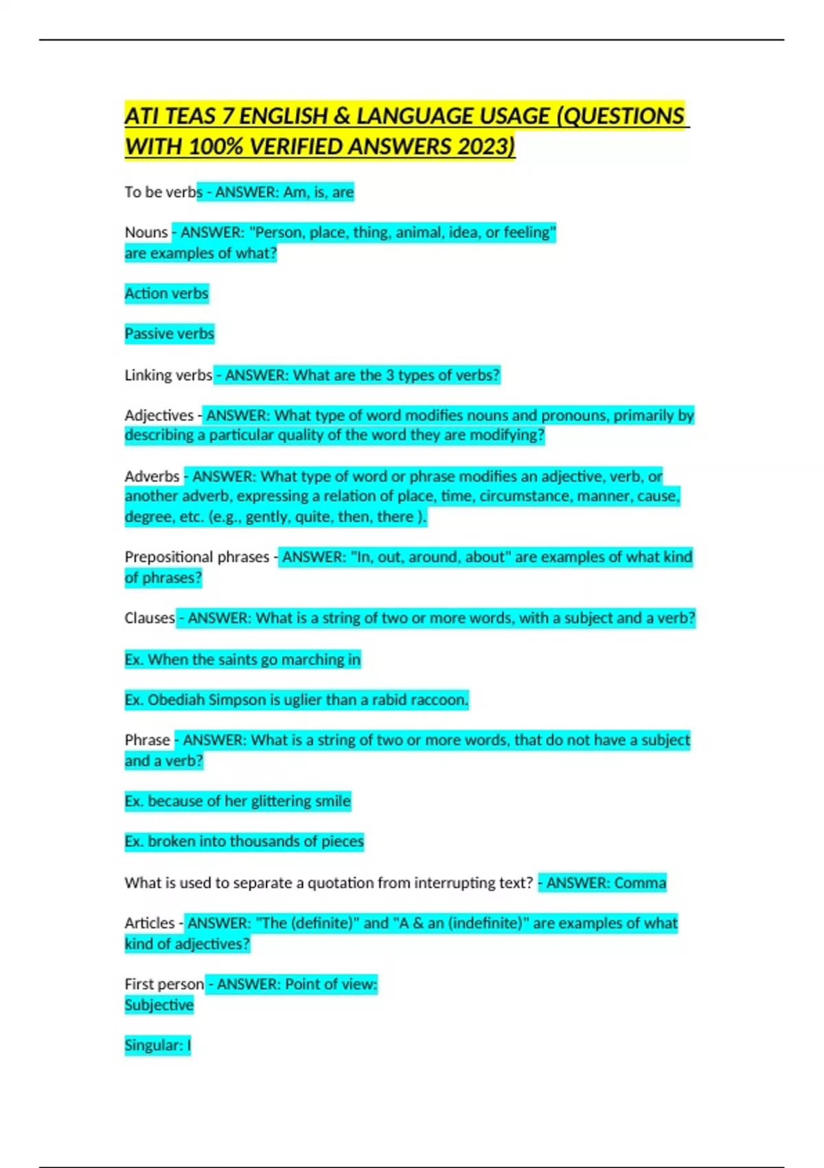 ATI TEAS 7 ENGLISH & LANGUAGE USAGE (QUESTIONS WITH 100% VERIFIED ANSWERS 2023) - ATI TEAS 7 ...