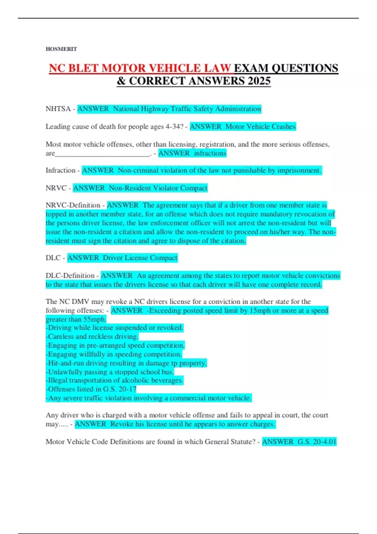 NC BLET MOTOR VEHICLE LAW EXAM QUESTIONS & CORRECT ANSWERS 2025 - NC ...