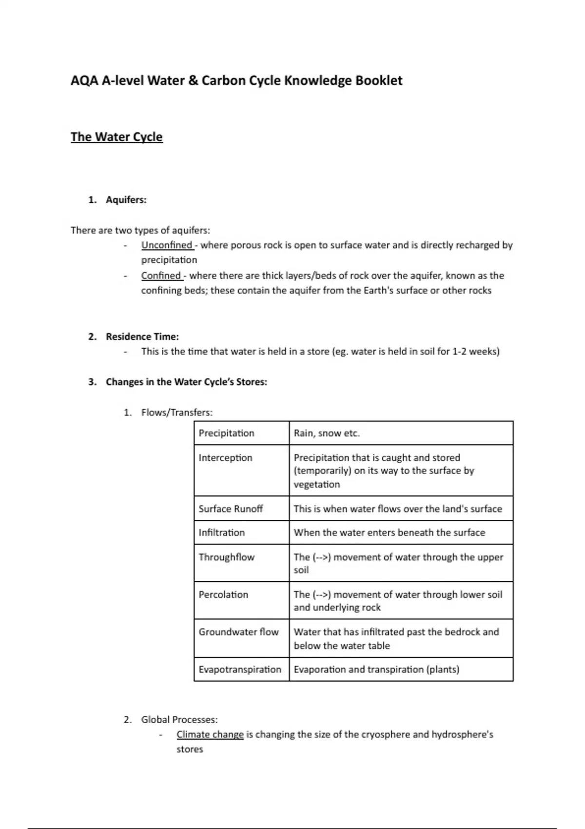 Summary AQA A-level Water & Carbon Cycle Revision Notes - Unit 1 GEOG1 ...