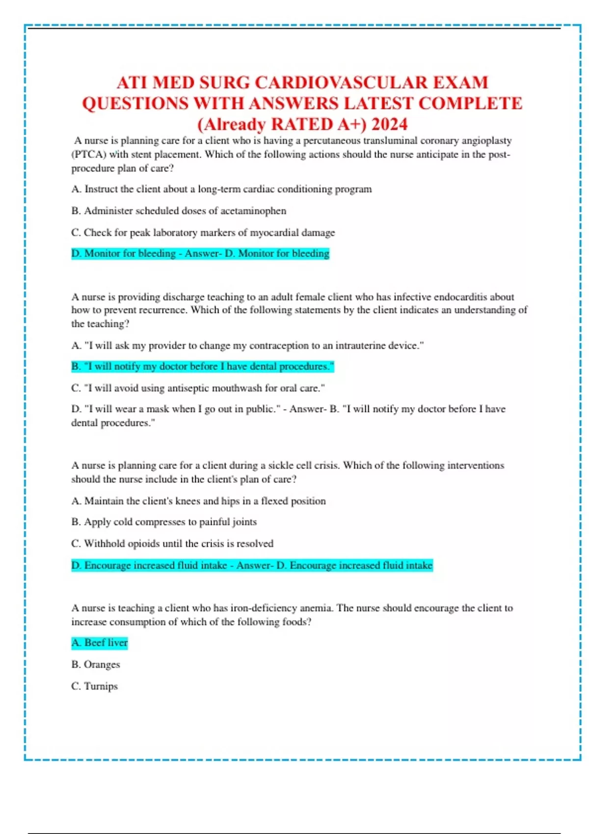 ATI MED SURG CARDIOVASCULAR EXAM QUESTIONS WITH ANSWERS LATEST COMPLETE ...