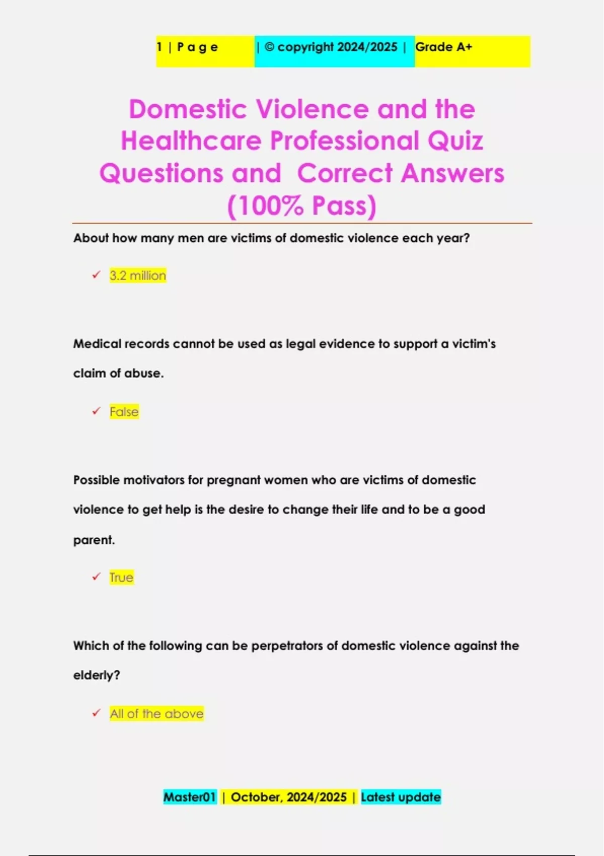 Domestic Violence and the Healthcare Professional Quiz Questions and ...