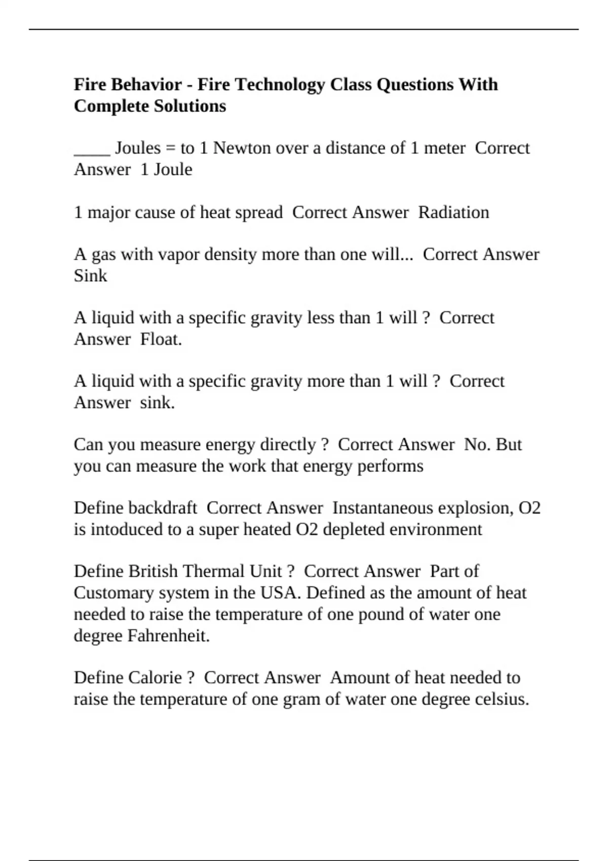 Fire Behavior - Fire Technology Class Questions With Complete Solutions ...