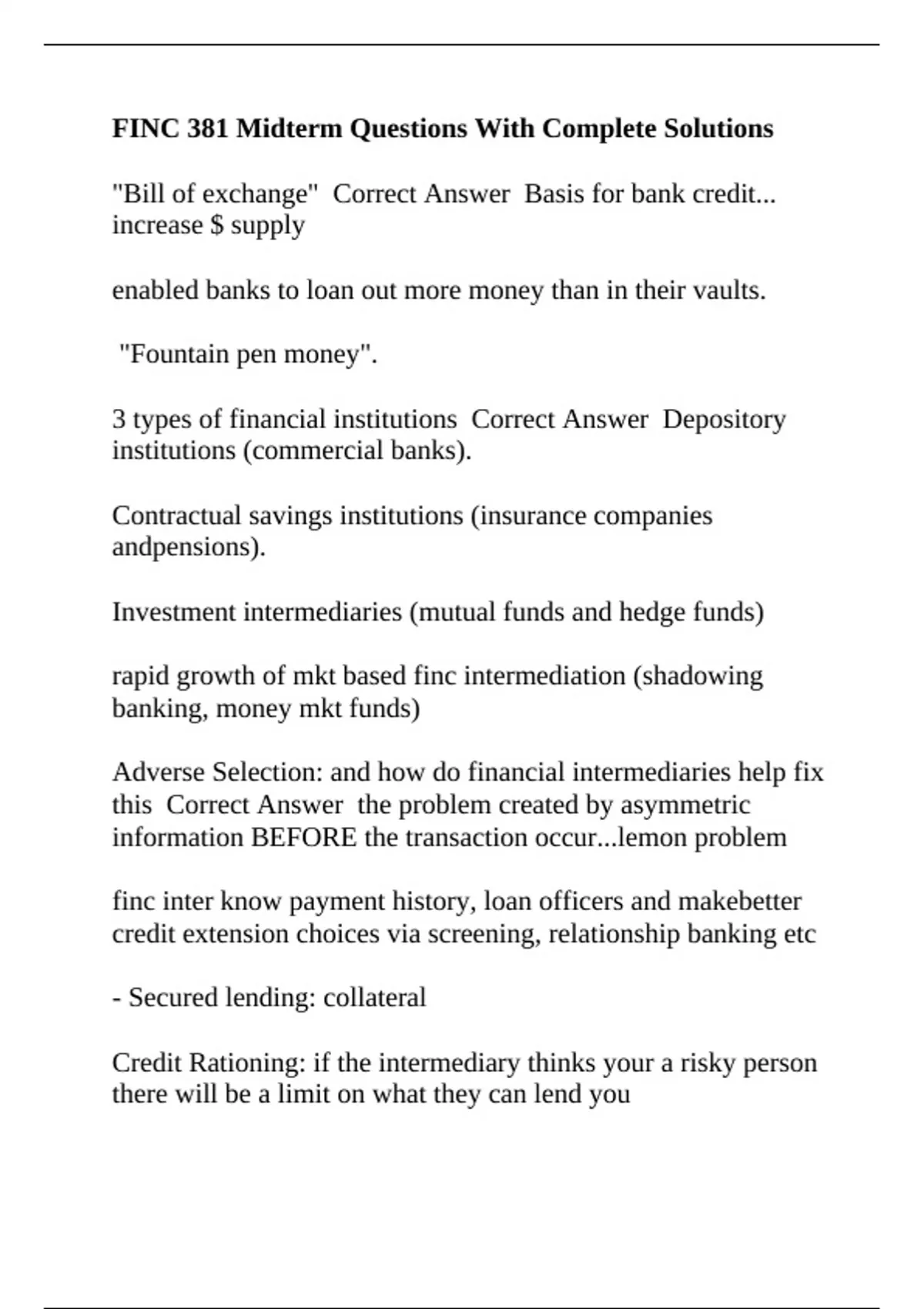 FINC 381 Midterm Questions With Complete Solutions - FINC 381 - Stuvia US