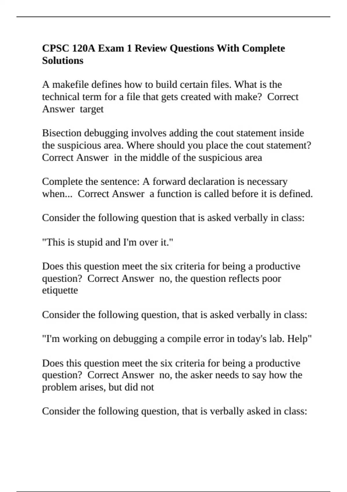 CPSC 120A Exam 1 Review Questions With Complete Solutions - CPSC 120A - Stuvia US