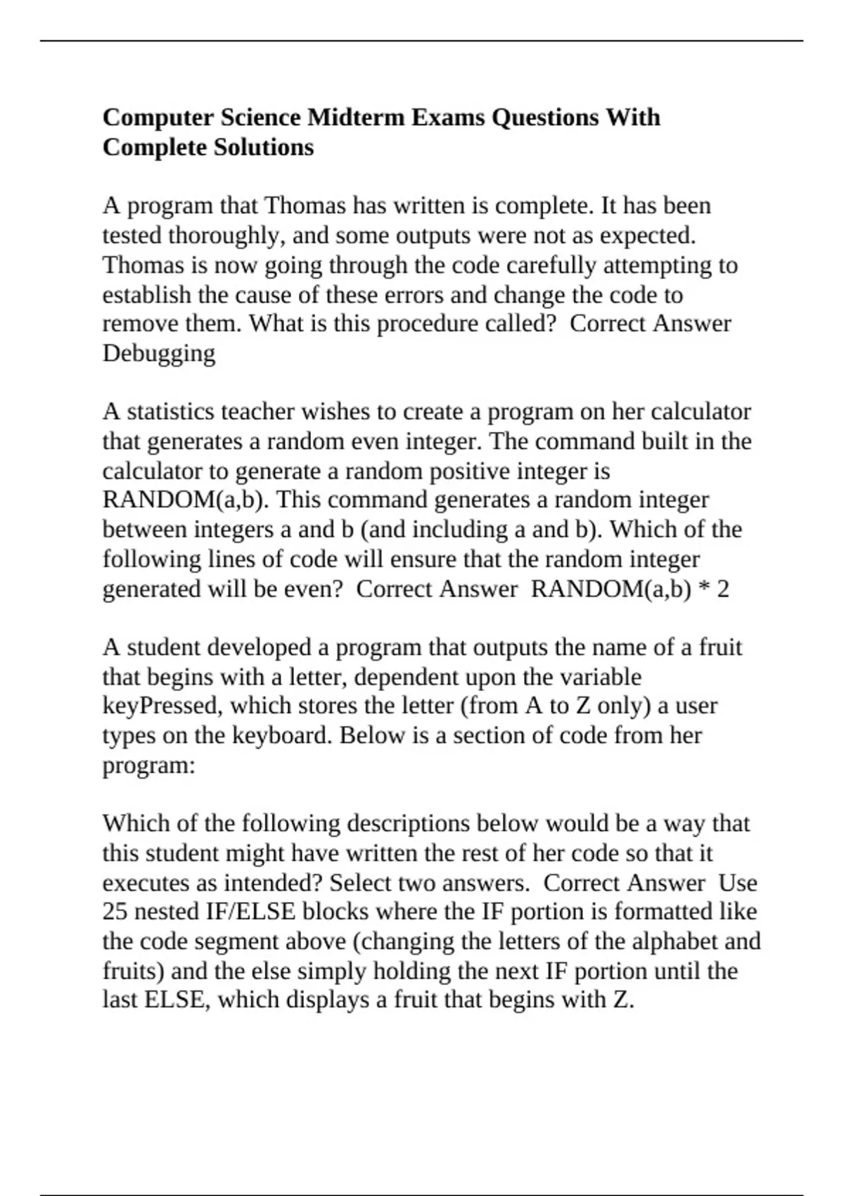 Computer Science Midterm Exams Questions With Complete Solutions ...