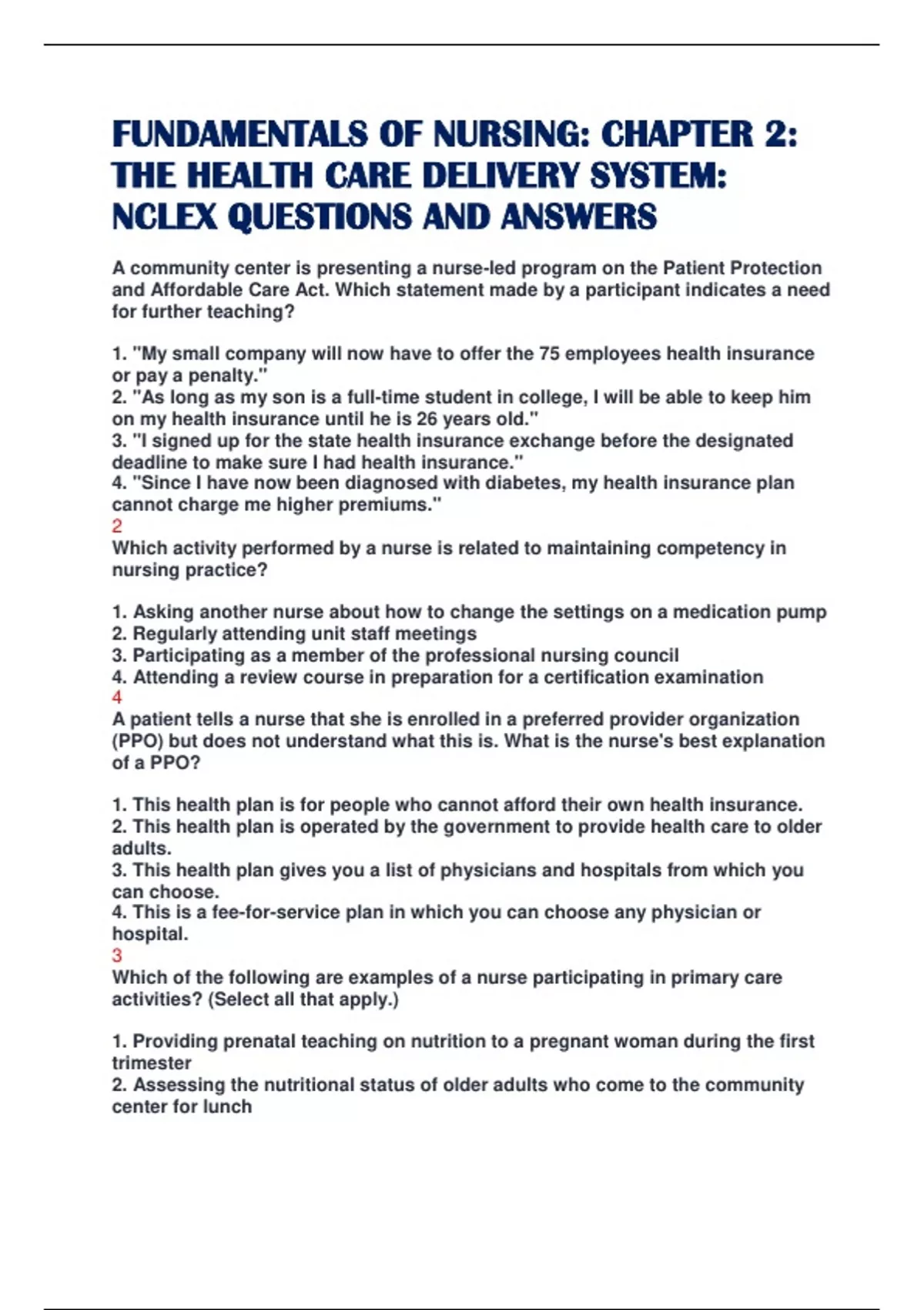 FUNDAMENTALS OF NURSING: CHAPTER 2: THE HEALTH CARE DELIVERY SYSTEM: NCLEX QUESTIONS AND ANSWERS ...
