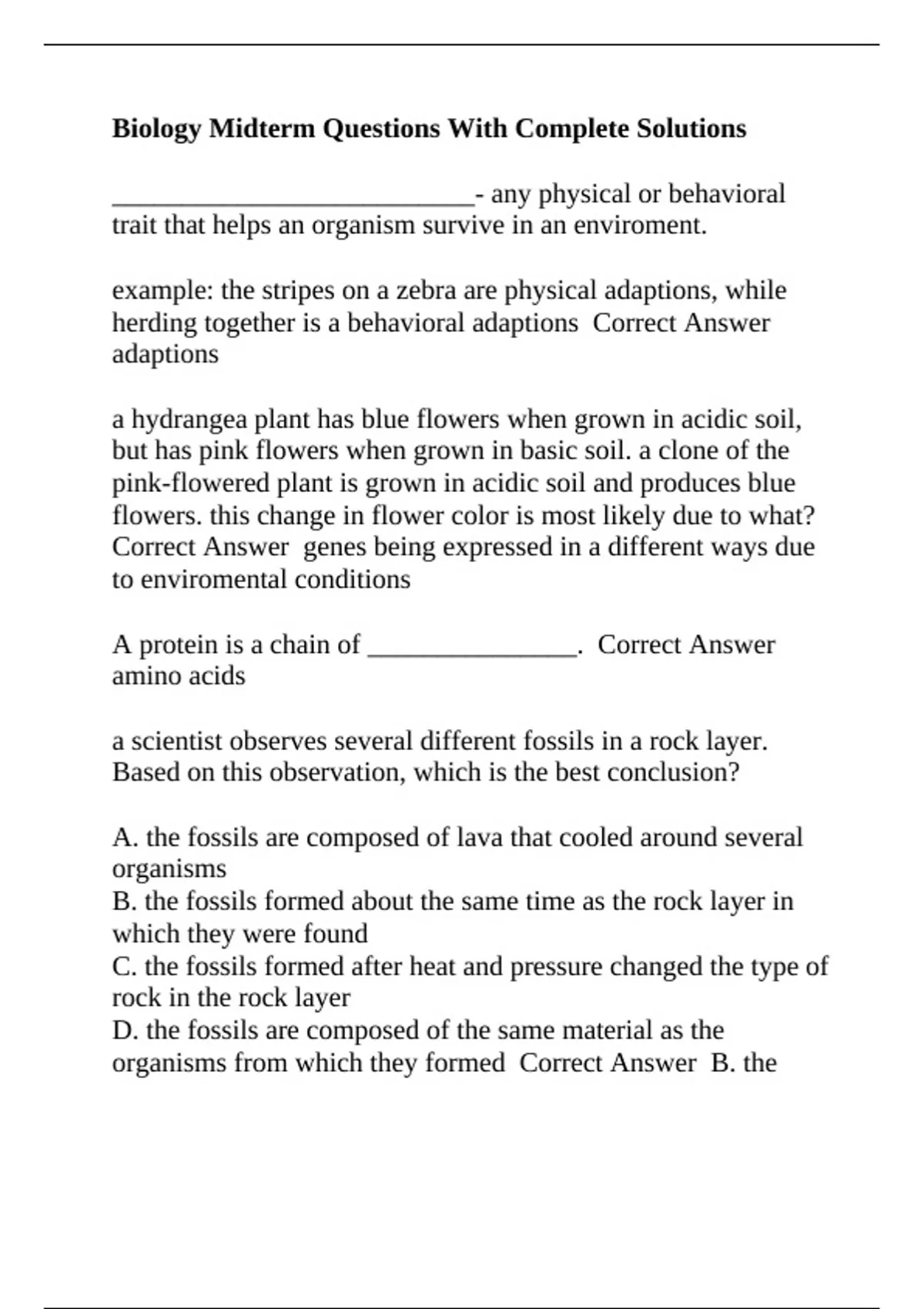 Biology Midterm Questions With Complete Solutions - Biology - Stuvia US