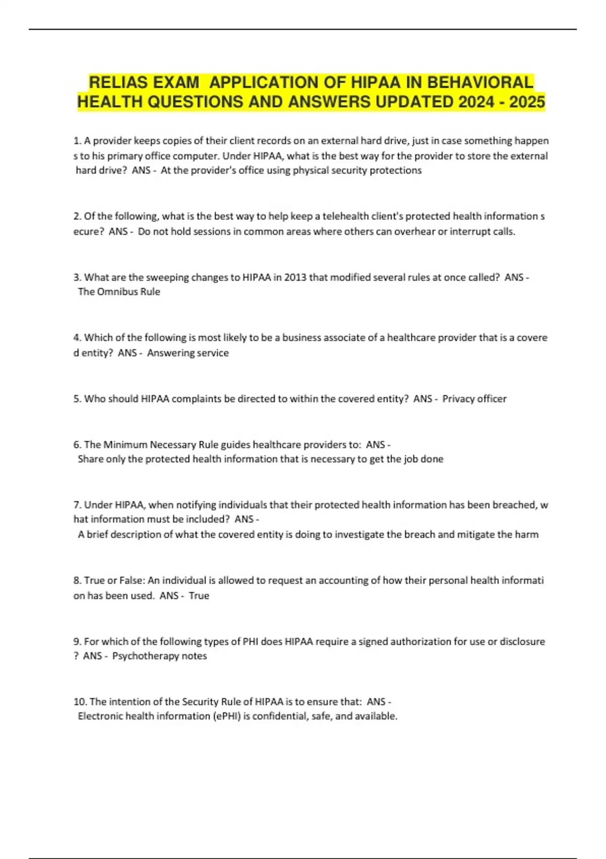 RELIAS EXAM APPLICATION OF HIPAA IN BEHAVIORAL HEALTH QUESTIONS AND ...