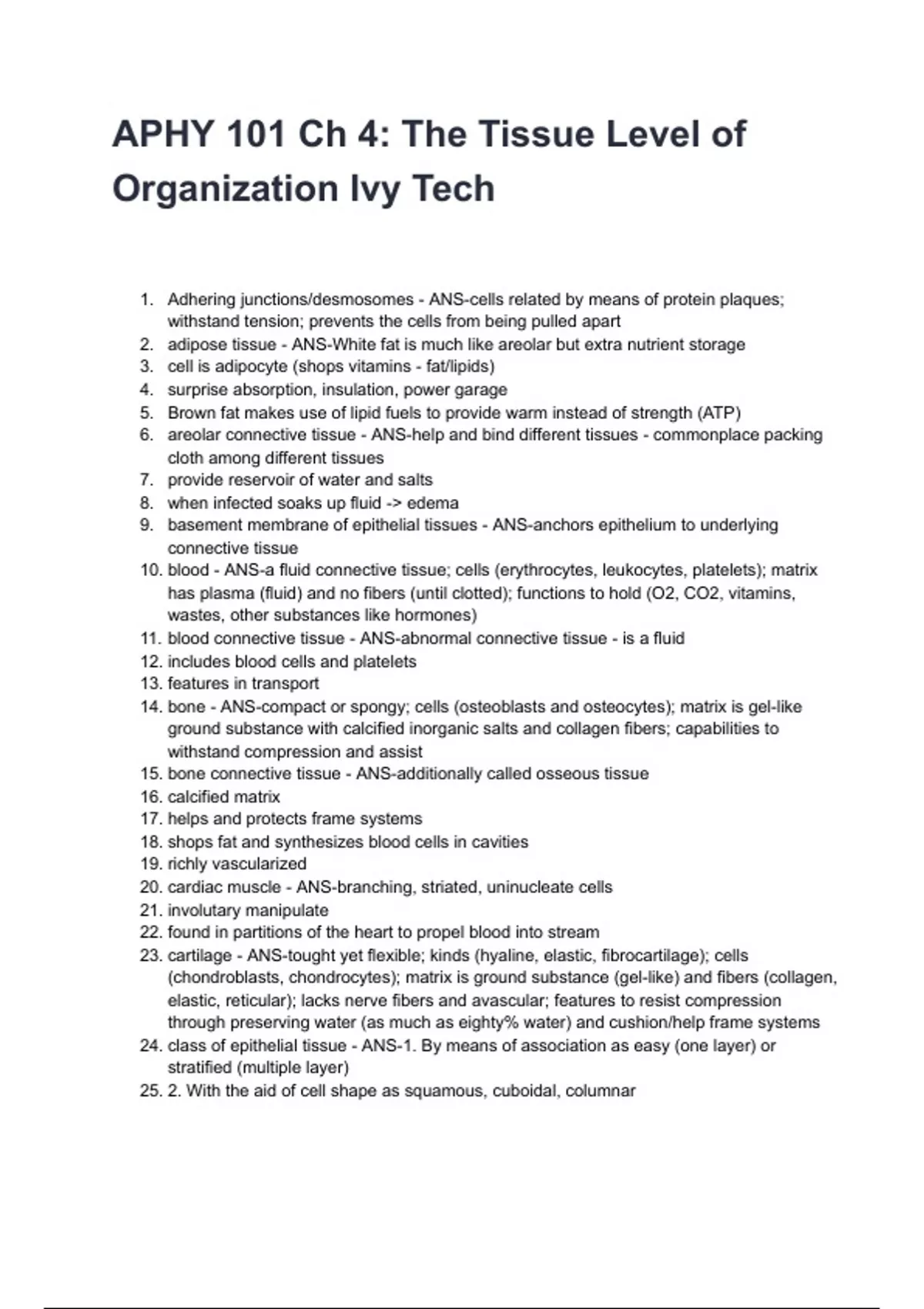 APHY 101 Ch 4: The Tissue Level of Organization Ivy Tech questions and ...