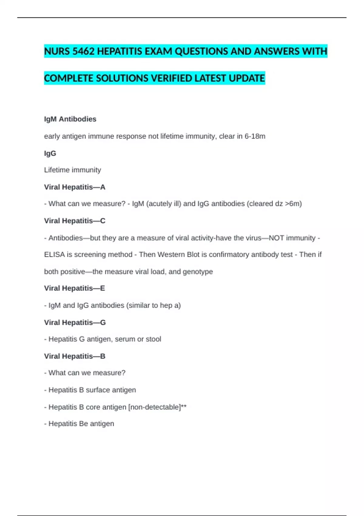NURS 5462 HEPATITIS EXAM QUESTIONS AND ANSWERS WITH COMPLETE SOLUTIONS ...