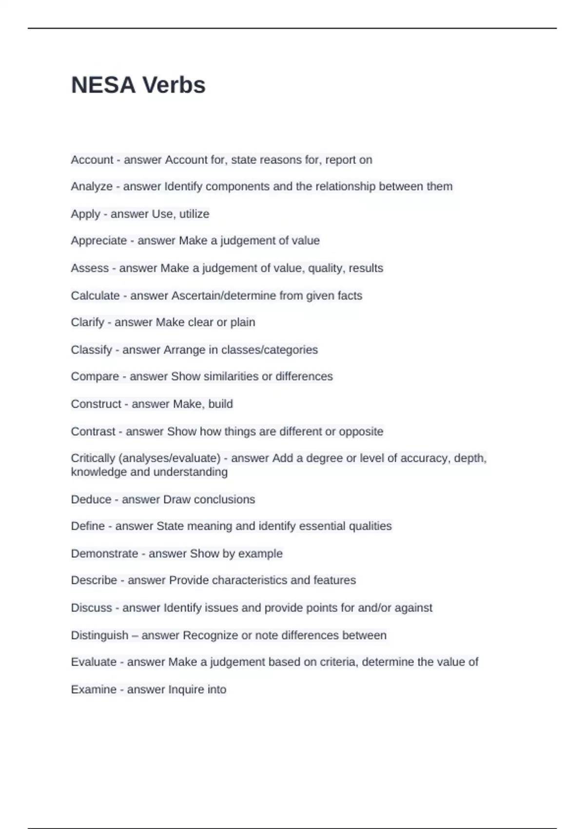 NESA Verbs Questions and Answers 100% Solved - NESA - Stuvia US
