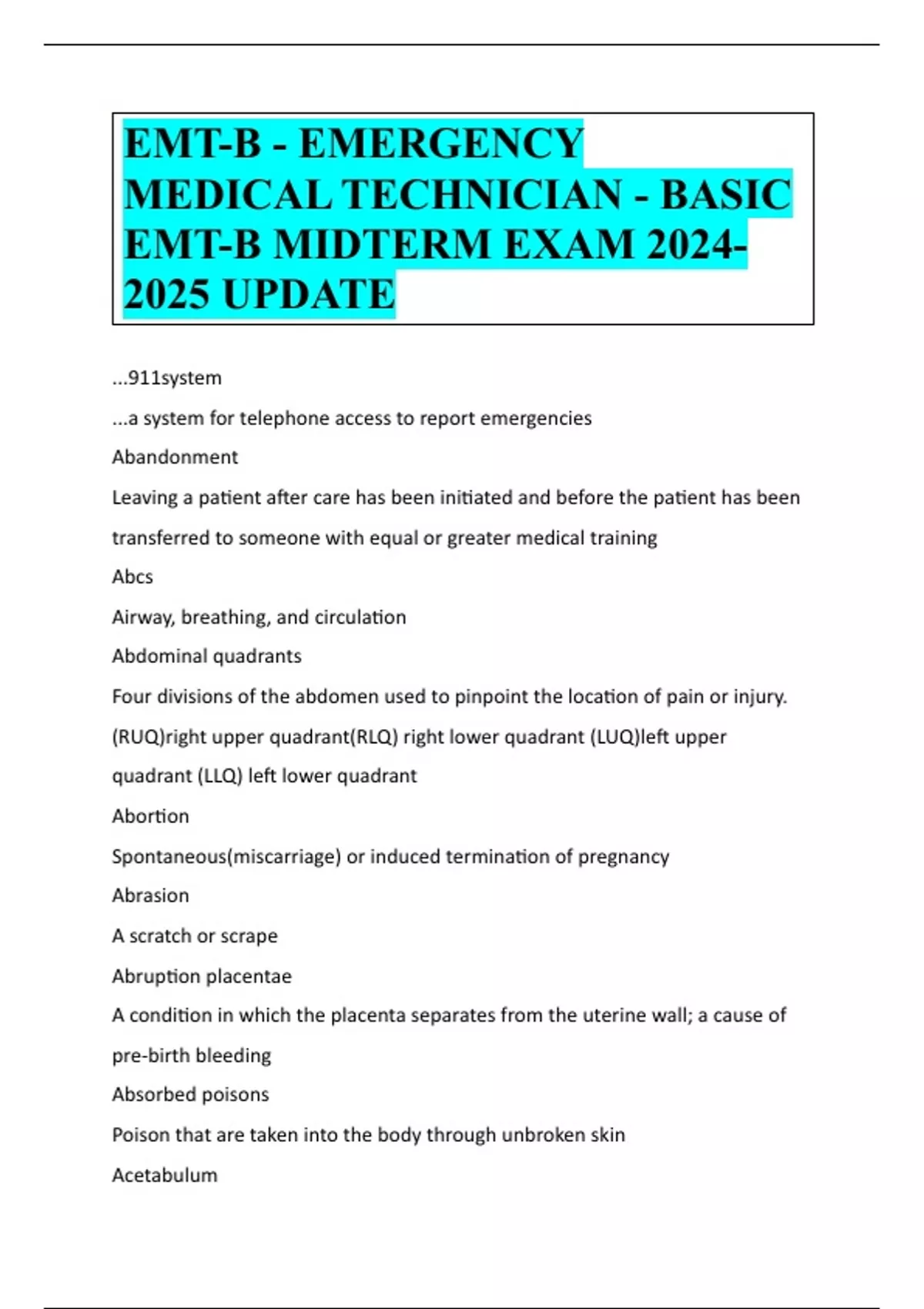 EMT-B - EMERGENCY MEDICAL TECHNICIAN - BASIC EMT-B MIDTERM EXAM UPDATE - EMT-B - Emergency ...