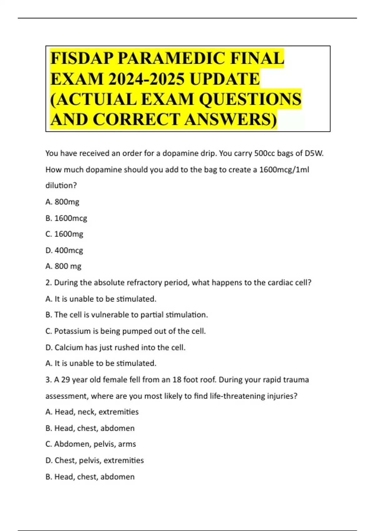 FISDAP PARAMEDIC FINAL EXAM UPDATE (ACTUAL EXAM QUESTIONS AND CORRECT ...