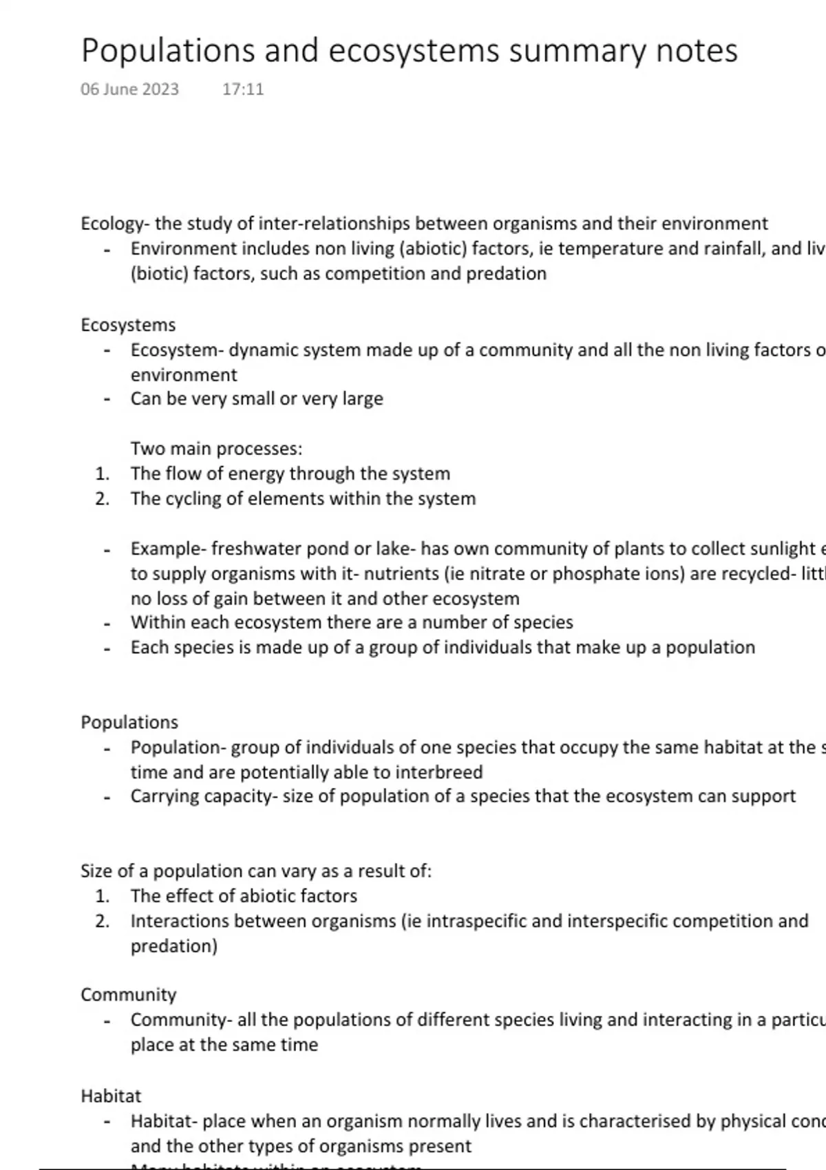 Summary Populations and Ecosystems A level Biology - Unit 5 - Energy ...