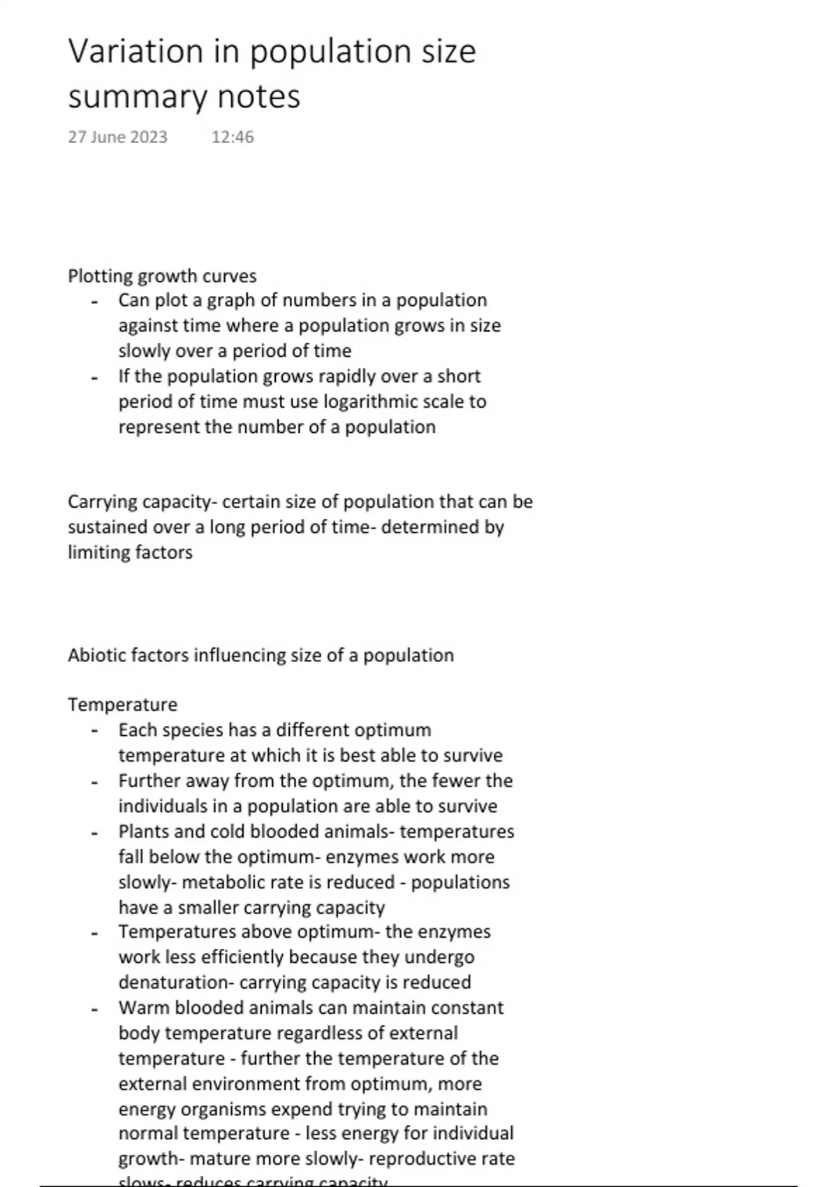 Summary Variation in population size A level Biology - Unit 5 - Energy ...