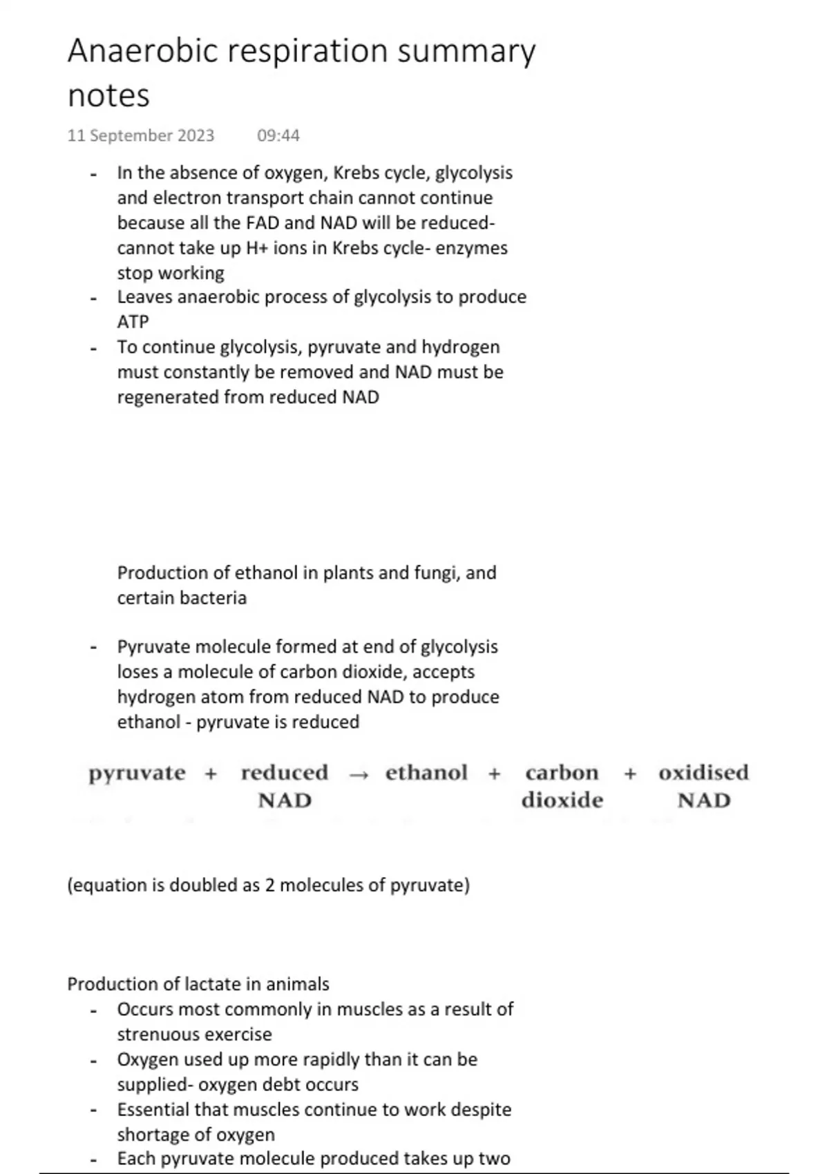 Summary Anaerobic respiration A level Biology - Unit 5 - Energy ...