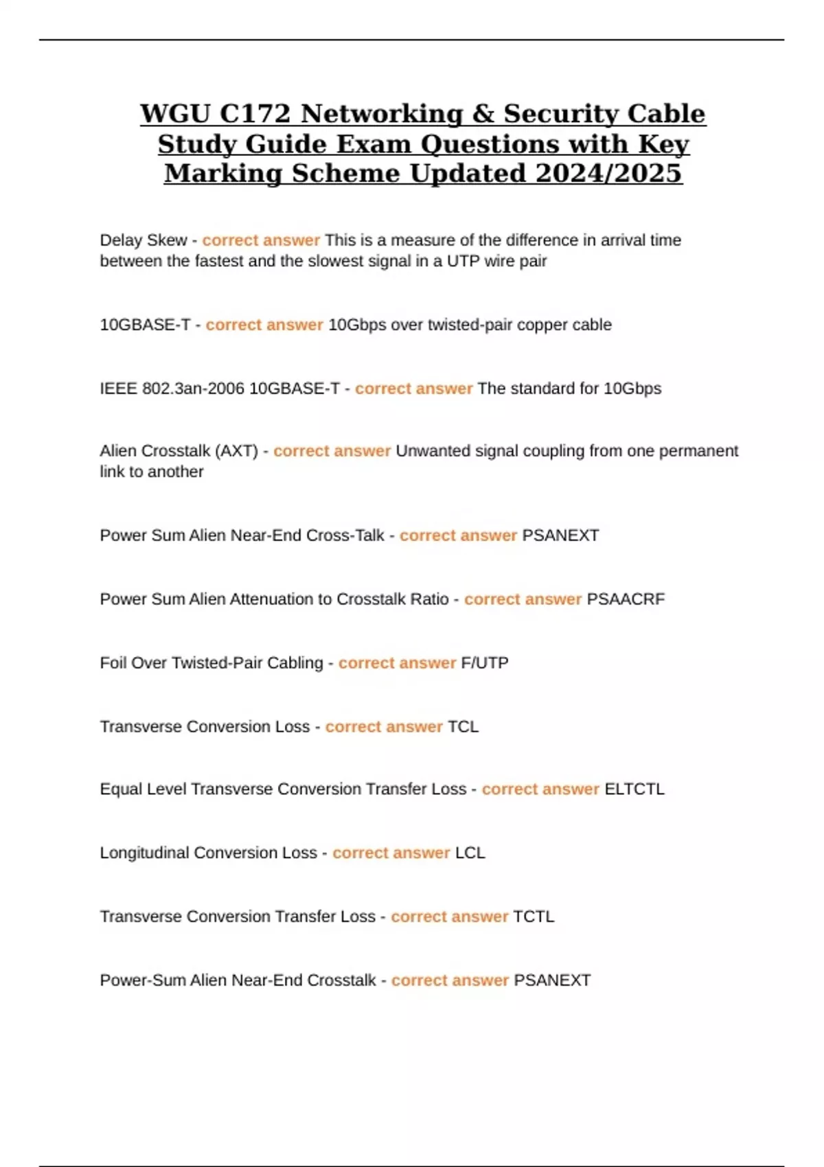 WGU C172 Networking & Security Cable Study Guide Exam Questions with Key Marking Scheme Updated ...
