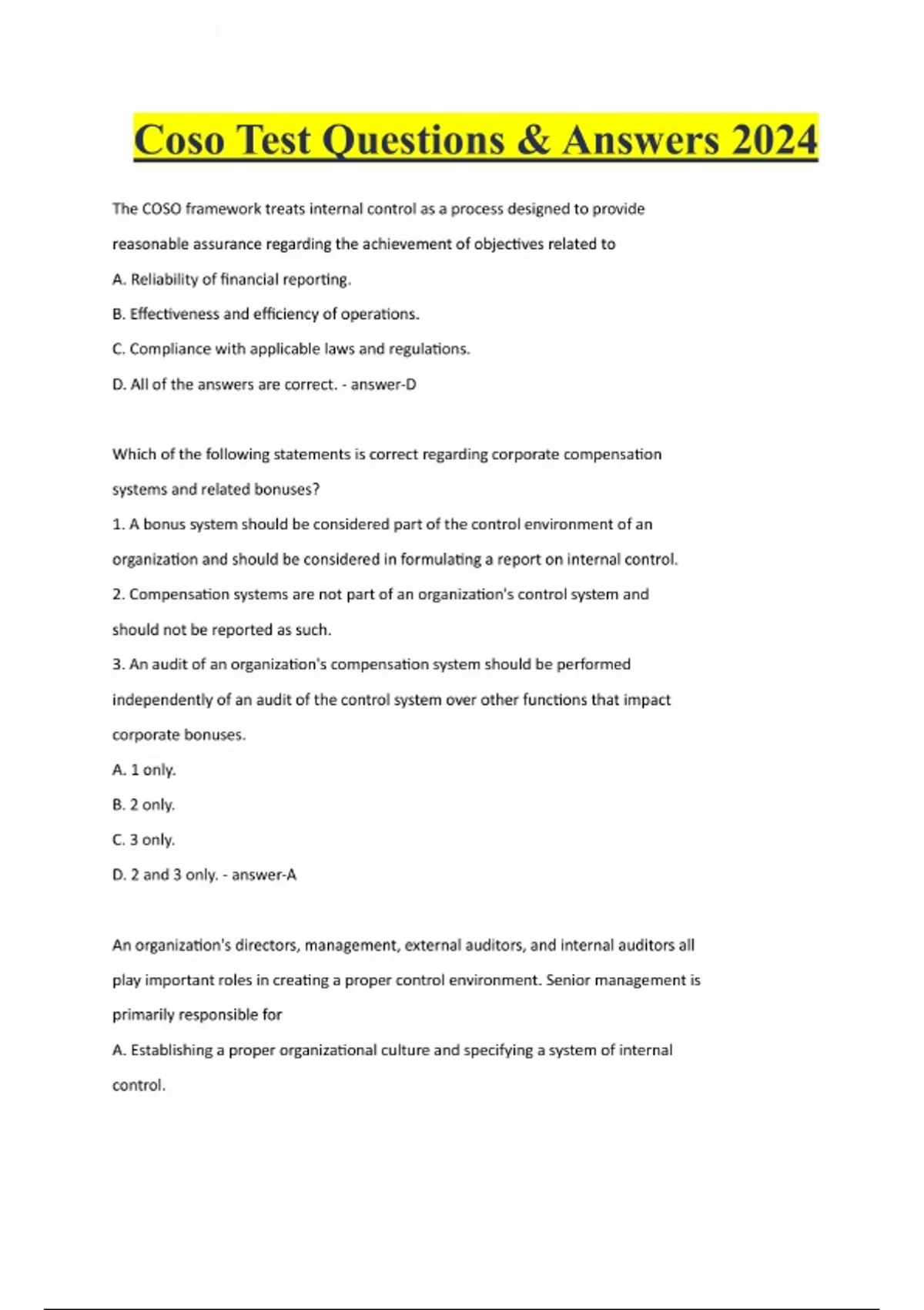 Coso Test Questions & Answers 2024 - Coso - Stuvia US