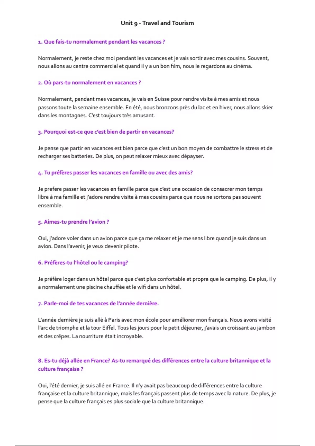 Résumé AQA GCSE French - Unit 9 Example Speaking Questions & Answers ...
