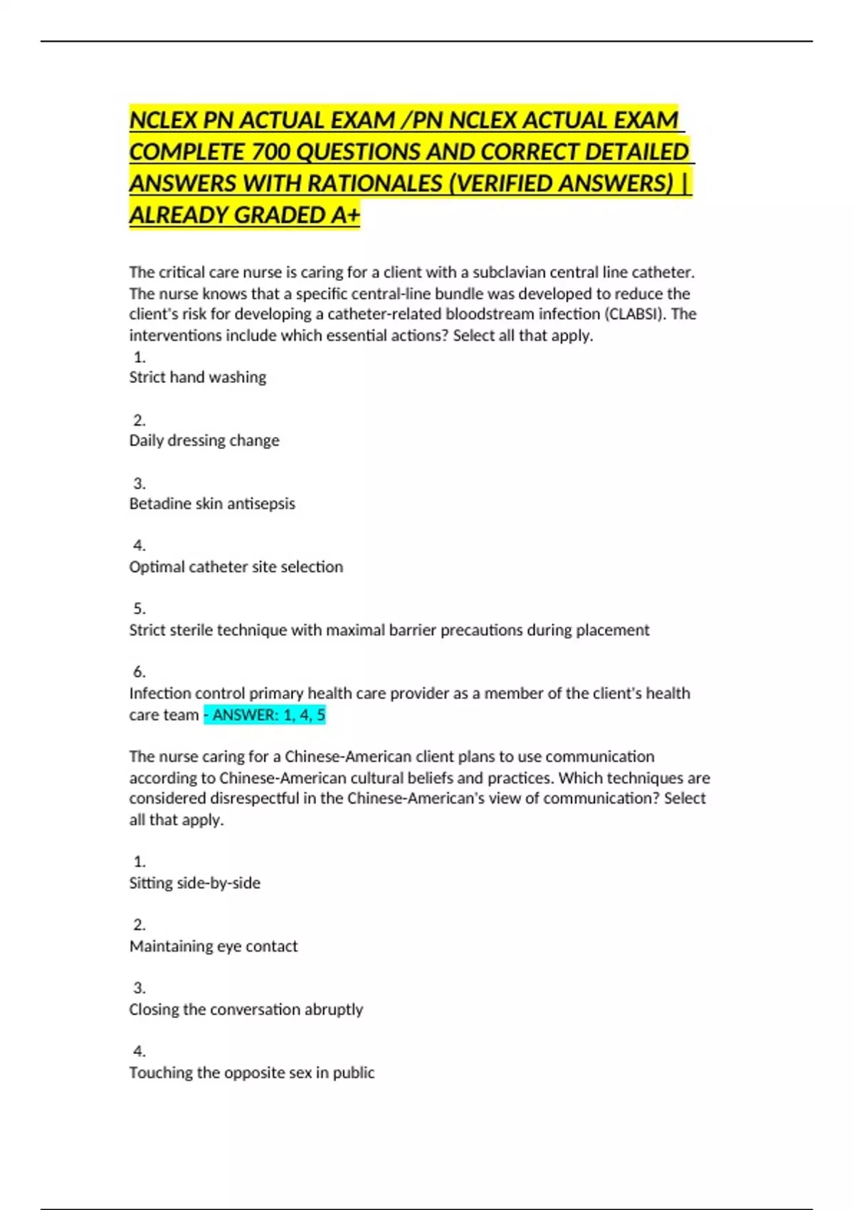 NCLEX PN ACTUAL EXAM /PN NCLEX ACTUAL EXAM COMPLETE 700 QUESTIONS AND ...